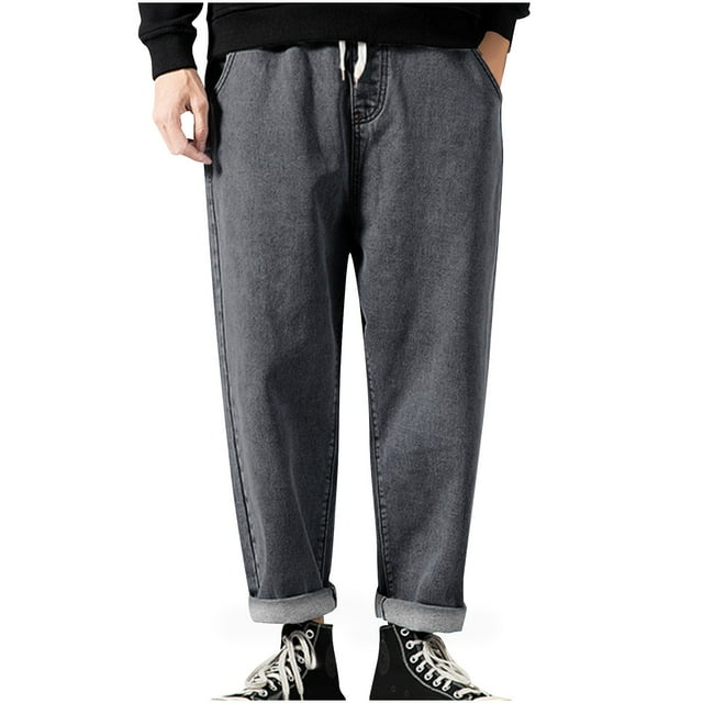 JUUYY Mens Drawstring Denim Pants Straight Leg Jeans Washed Distressed ...