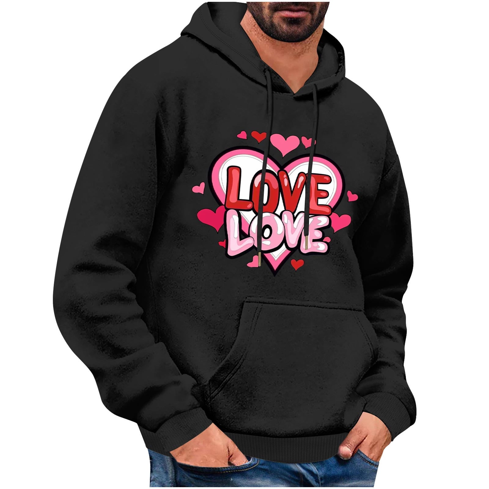JUUYY Mens Hoodies Valentine's Day Cute LOVE Heart Print Hooded Sweatshirt Drawstring Long ...