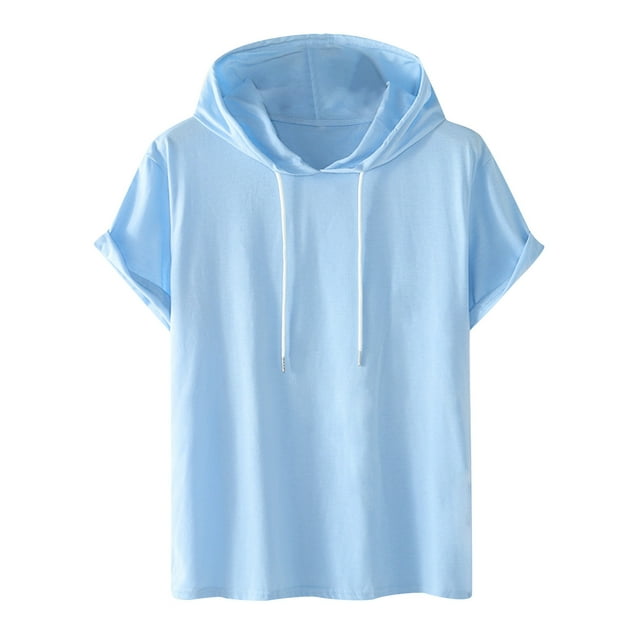 JUUYY Mens Summer Casual Solid Color Hooded Pullover Drawstring Short Sleeve Sports T-Shirt Blue ...