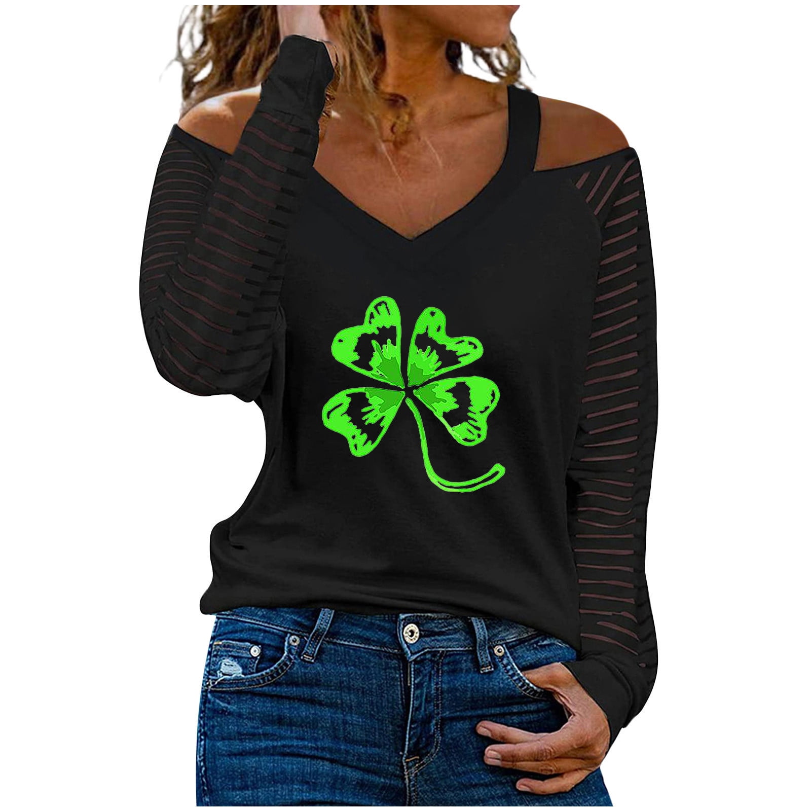 Juuyy St Patricks Day Shirts For Women Sexy Mesh Striped Long Sleeve