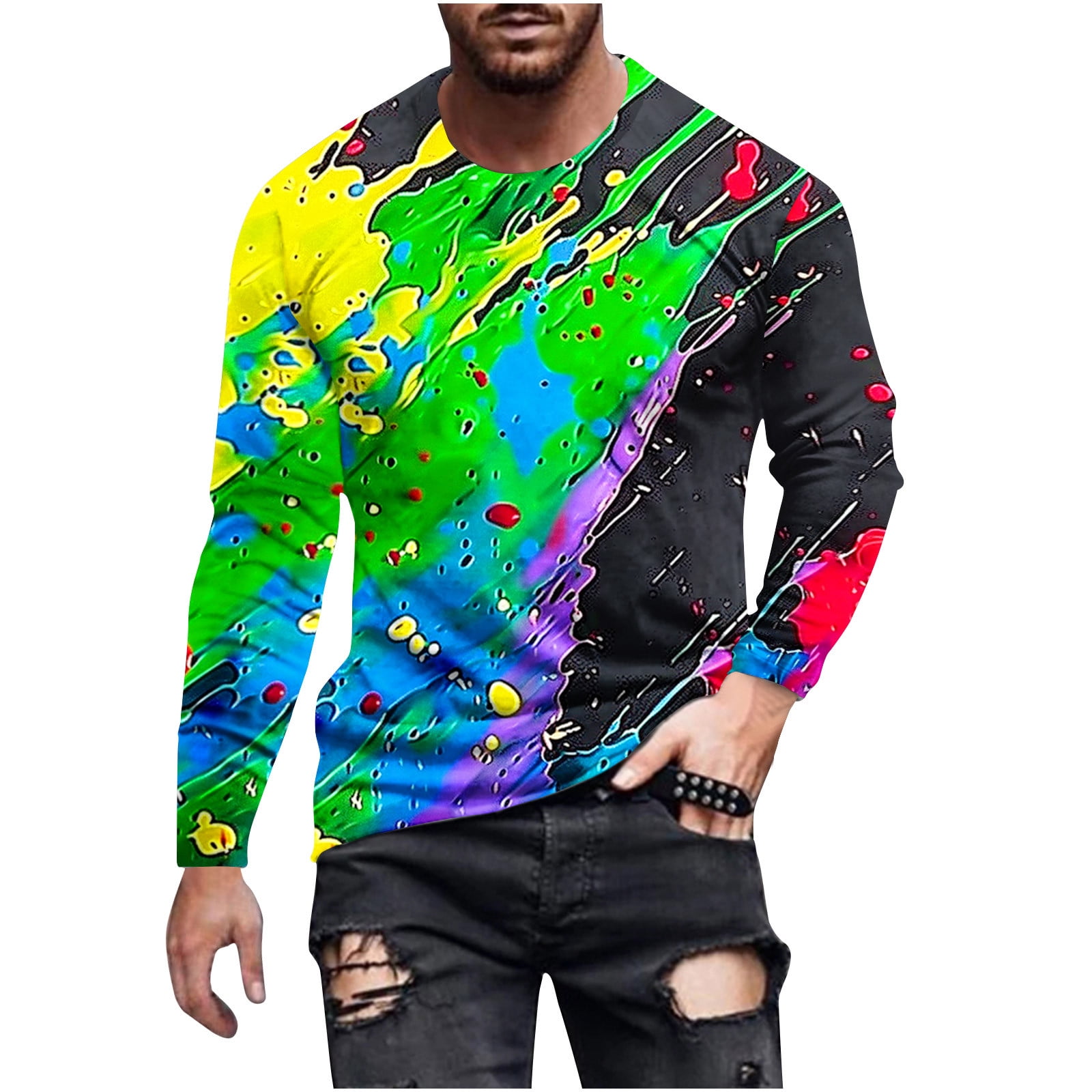 JUUYY Tie Dye T-Shirts for Men Trendy Long Sleeve Round Neck Graphic ...