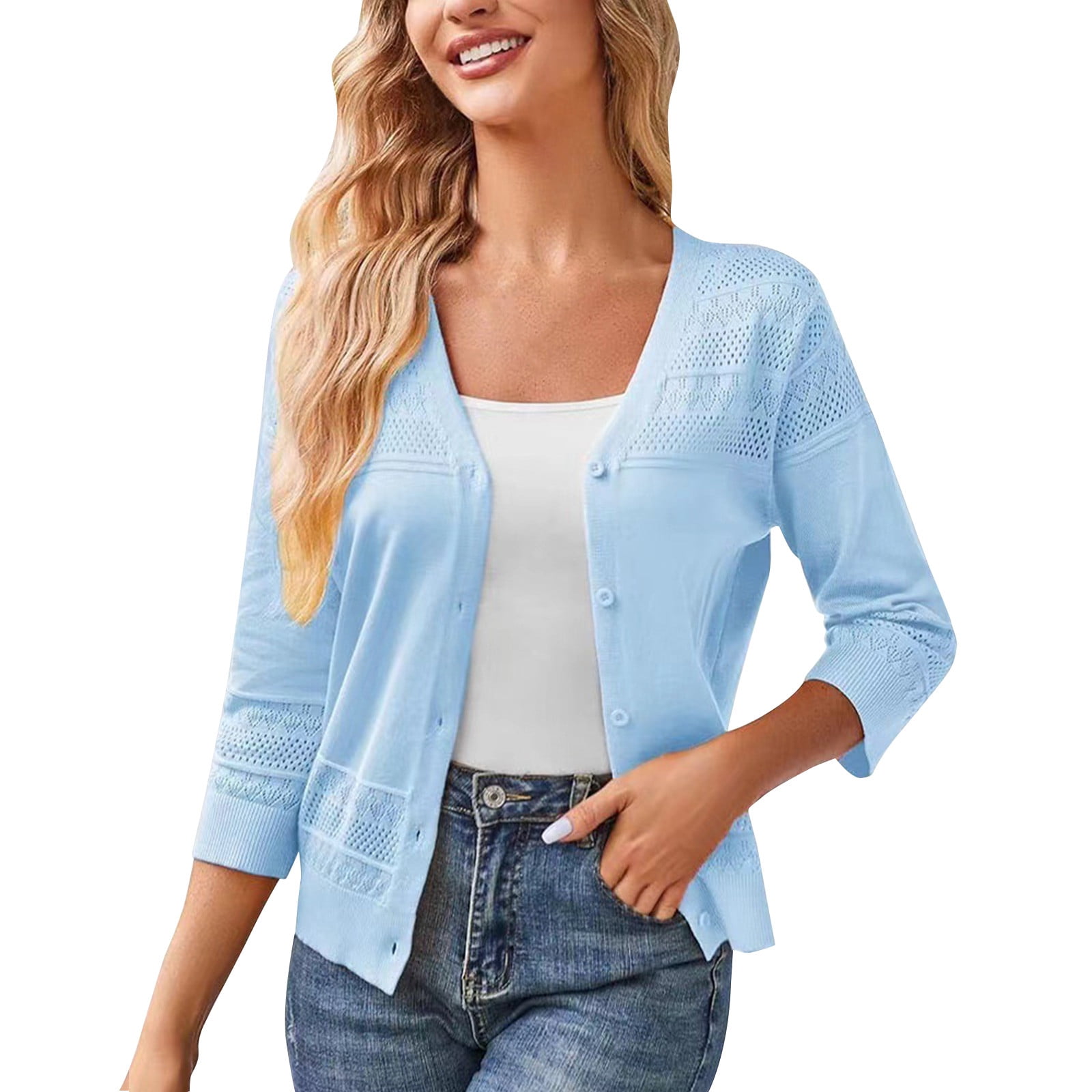 JUUYY Women's Cropped Cardigan 3/4 Sleeve Lightweight Crochet Shrug ...