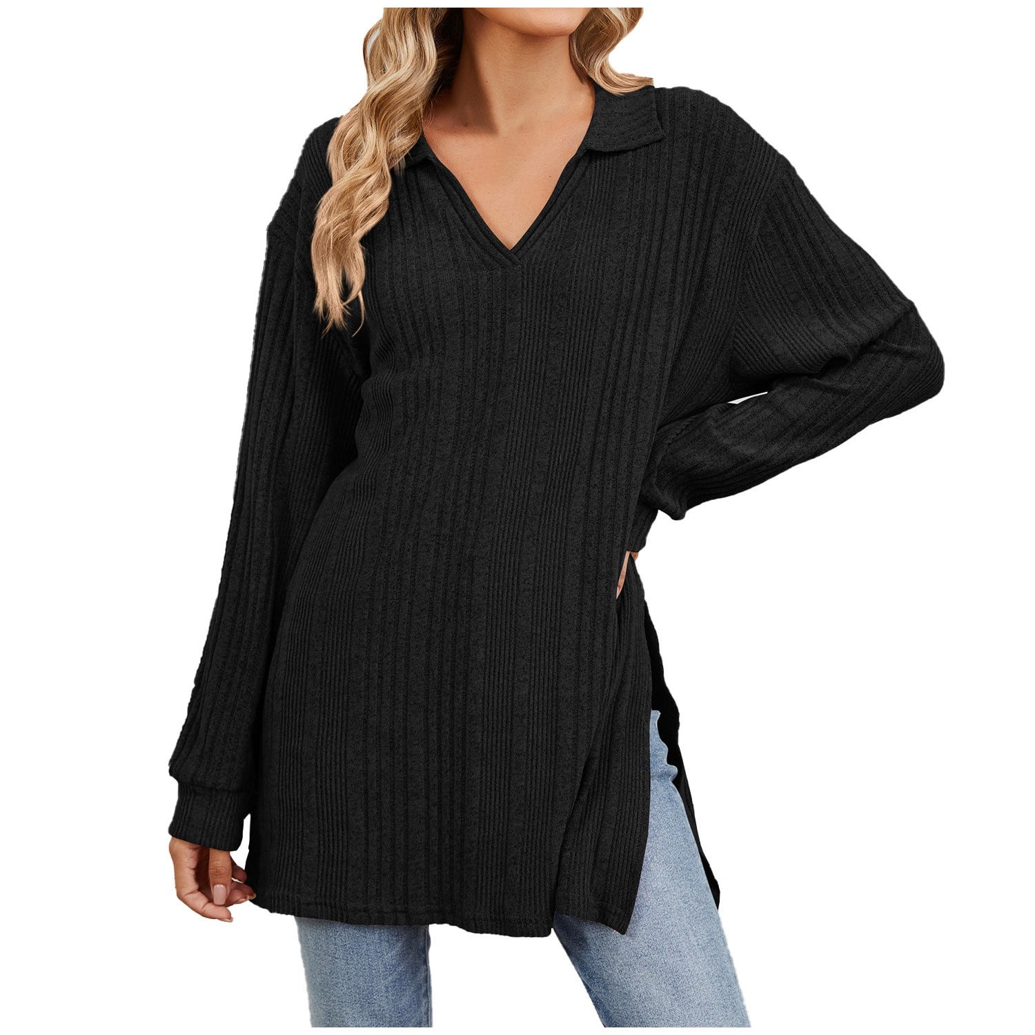 JUUYY Women's Long Sleeve Shirts with Side Split V Neck Oversized Fall Sweaters Loose Casual ...
