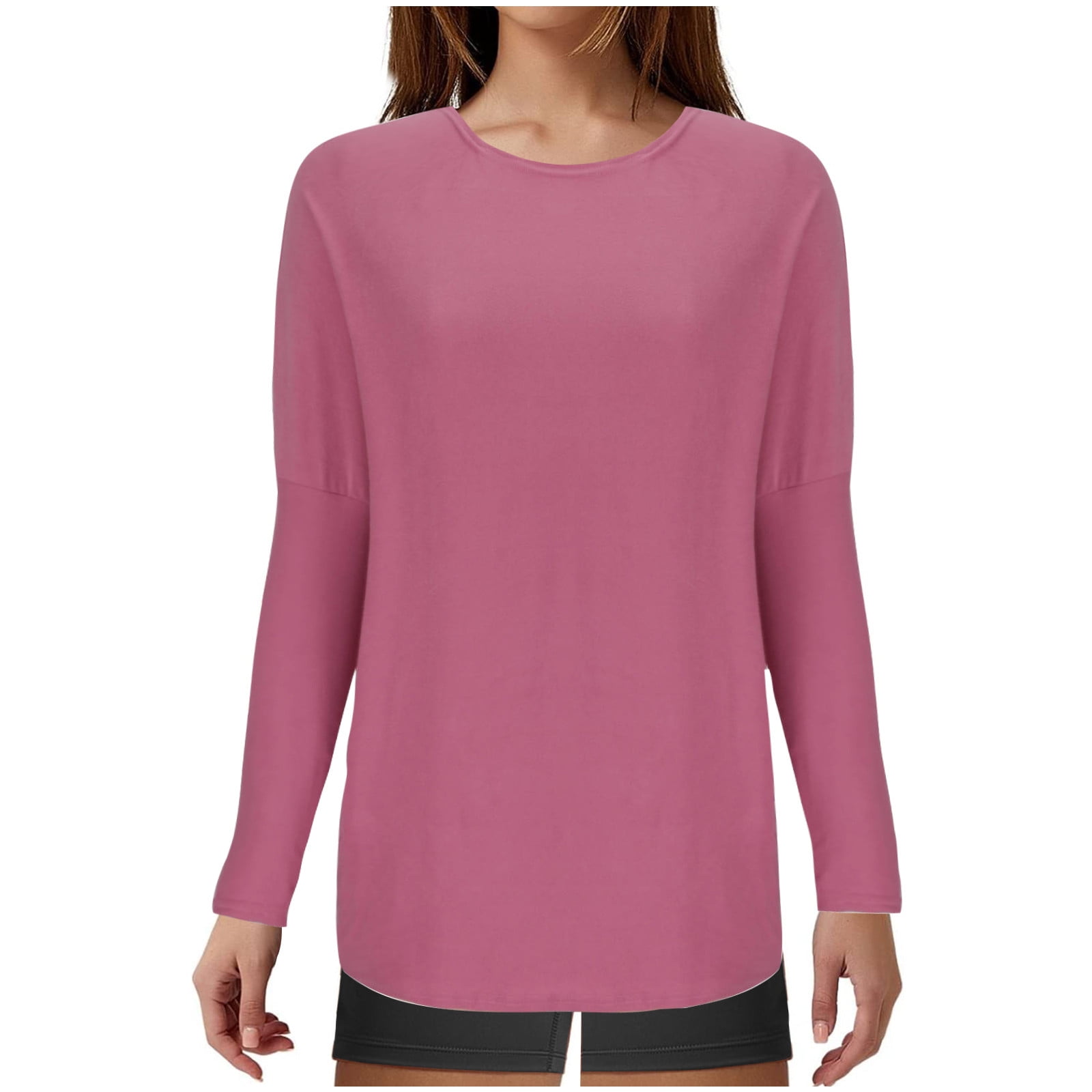 JUUYY Womens Long Sleeve Shirt Round Neck Basic Tee Solid Color Fall ...