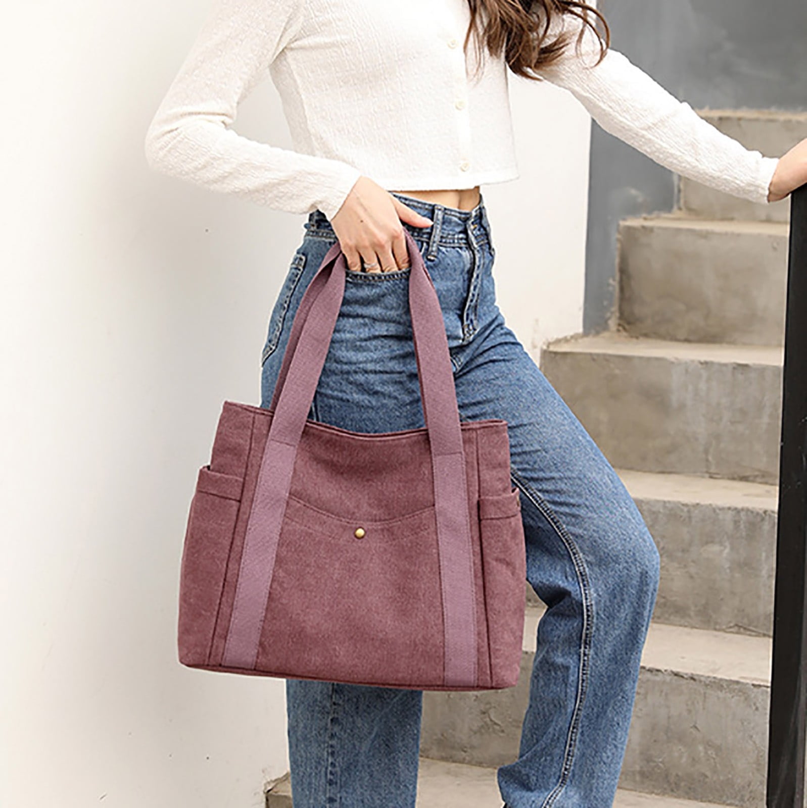 JUYGO Women Canvas Tote Handbags Multi Pocket Retro Casual Shoulder Bag ...