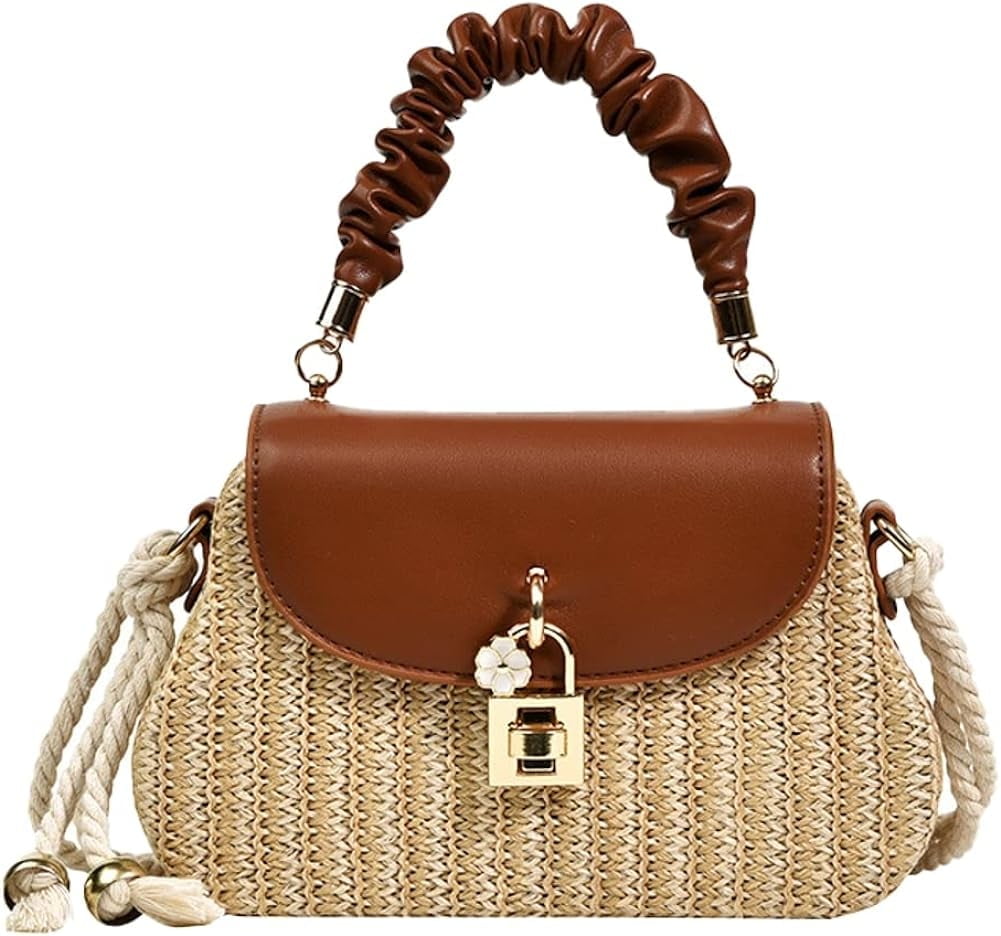 JUYGO Women Straw Crossbody Bag Leather Top Handle Straw Handbag Summer ...