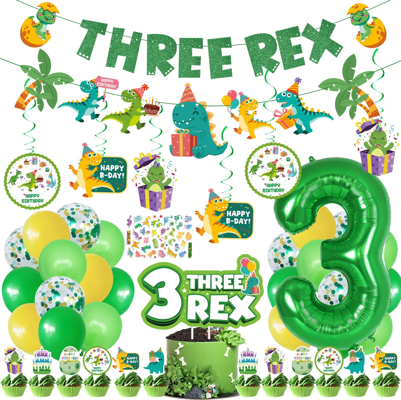 JUYRLE Three Rex Birthday Decorations Boy- 3rd Dinosaur Party ...