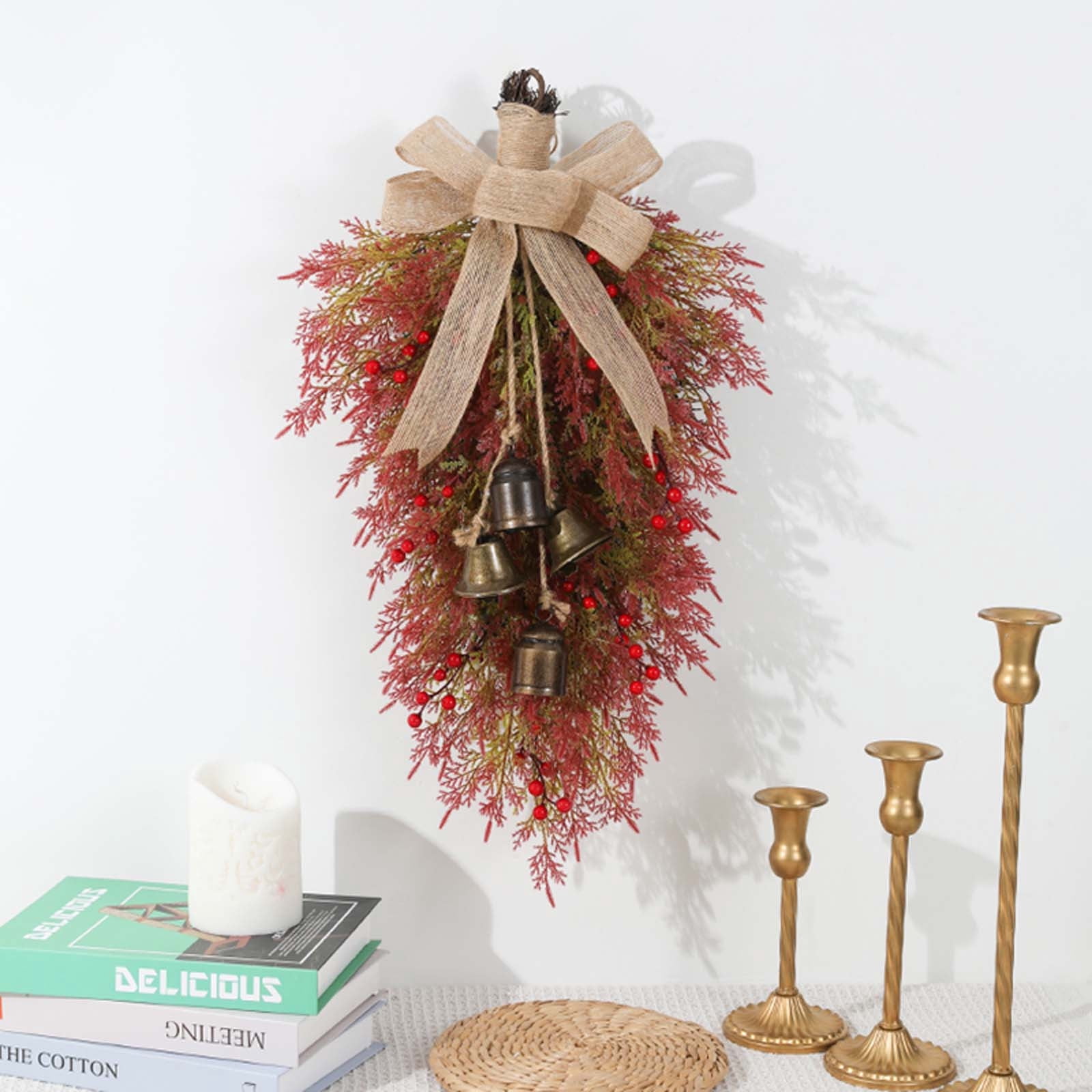 JVBTVB Christmas Wreath with Bow Bells for Front Door, Textured Linen ...