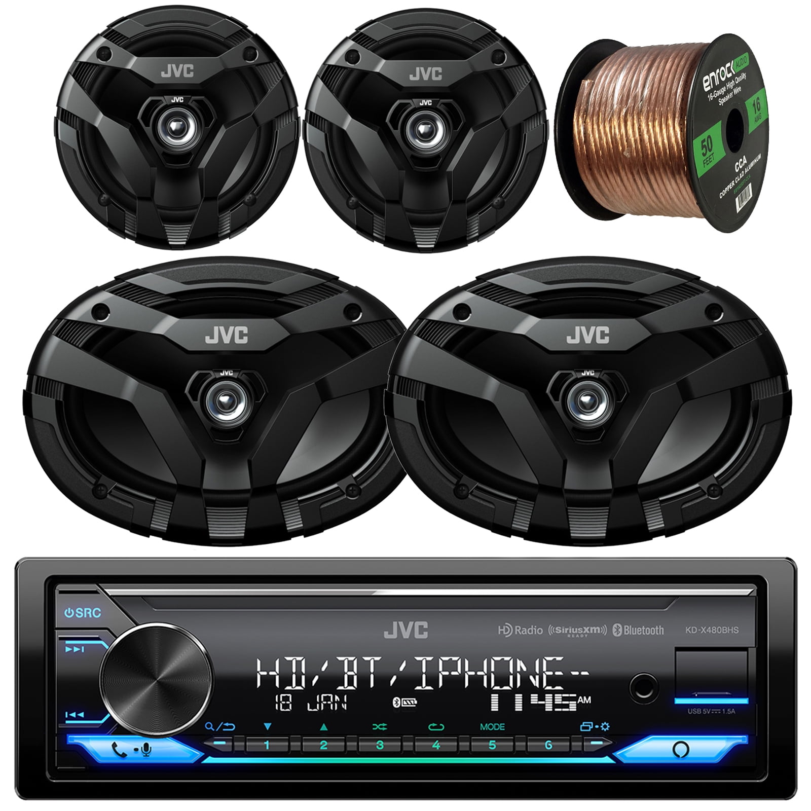 JVC In-Dash Bluetooth USB AUX LED AM/FM Radio Stereo Receiver Bundle ...