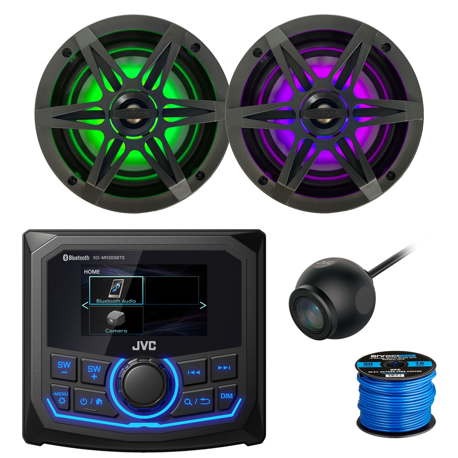 JVC KD-MR305BTS Gauge Style Marine USB/AUX Bluetooth AM/FM/Weatherband Radio Receiver, 2x 6.5 ...