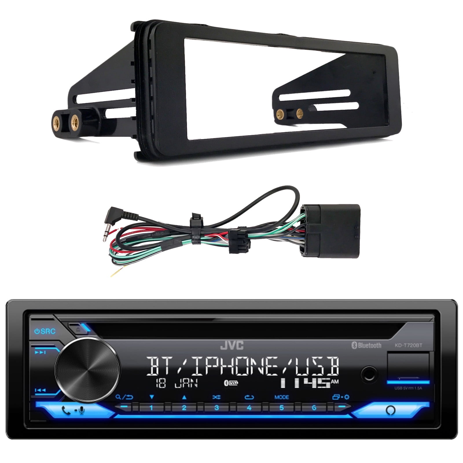 JVC KD-T720BT Single DIN AM/FM Radio Stereo USB AUX Bluetooth CD Player Multimedia Car Audio ...