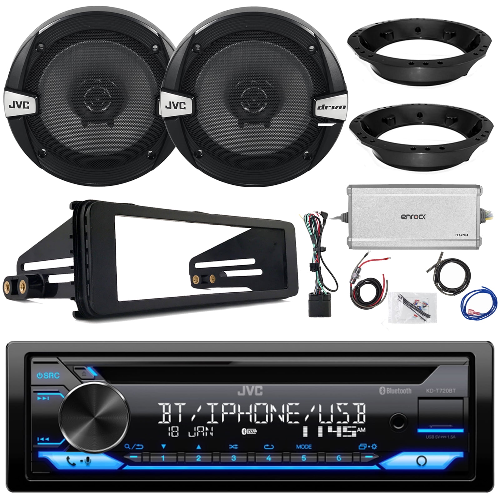JVC KD-T720BT Single DIN AM/FM Stereo USB AUX Bluetooth CD Player Car ...