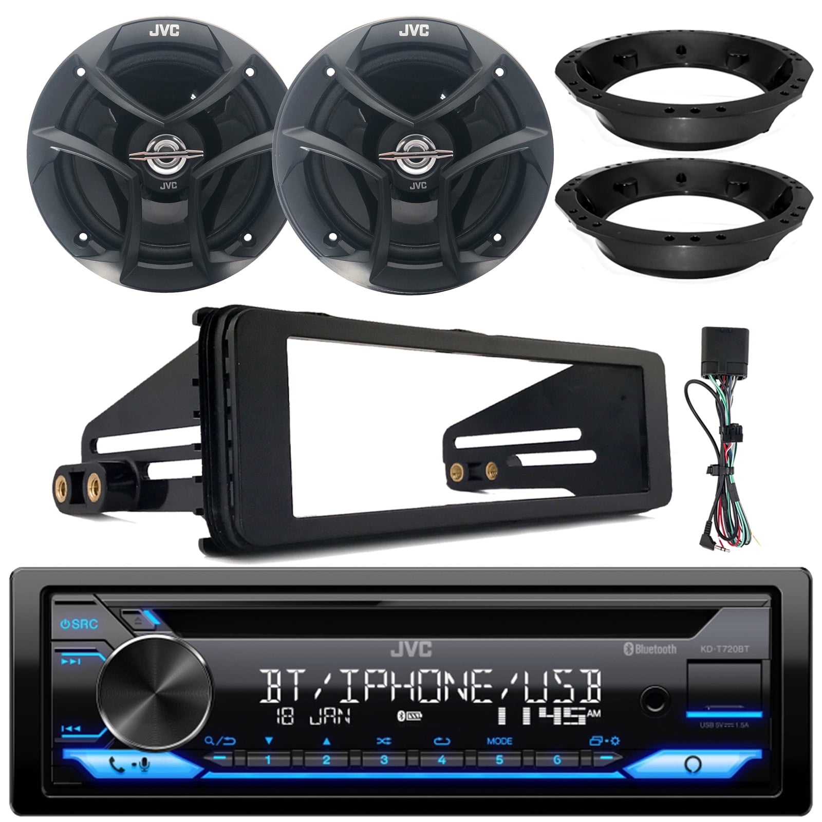 JVC KD-T720BT Single DIN AM/FM Stereo USB AUX Bluetooth CD Player Car ...