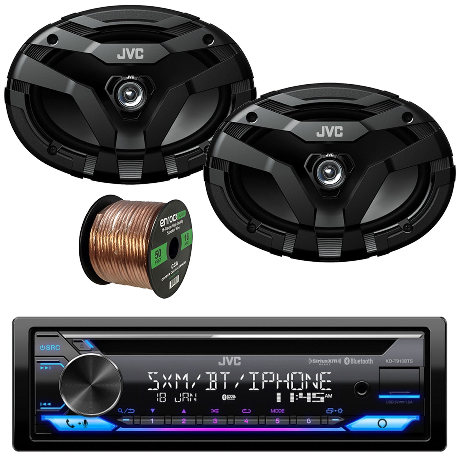 JVC KD-T910BTS Single DIN In-Dash CD Player Bluetooth USB AUX AM/FM Radio Receiver Bundle Combo ...