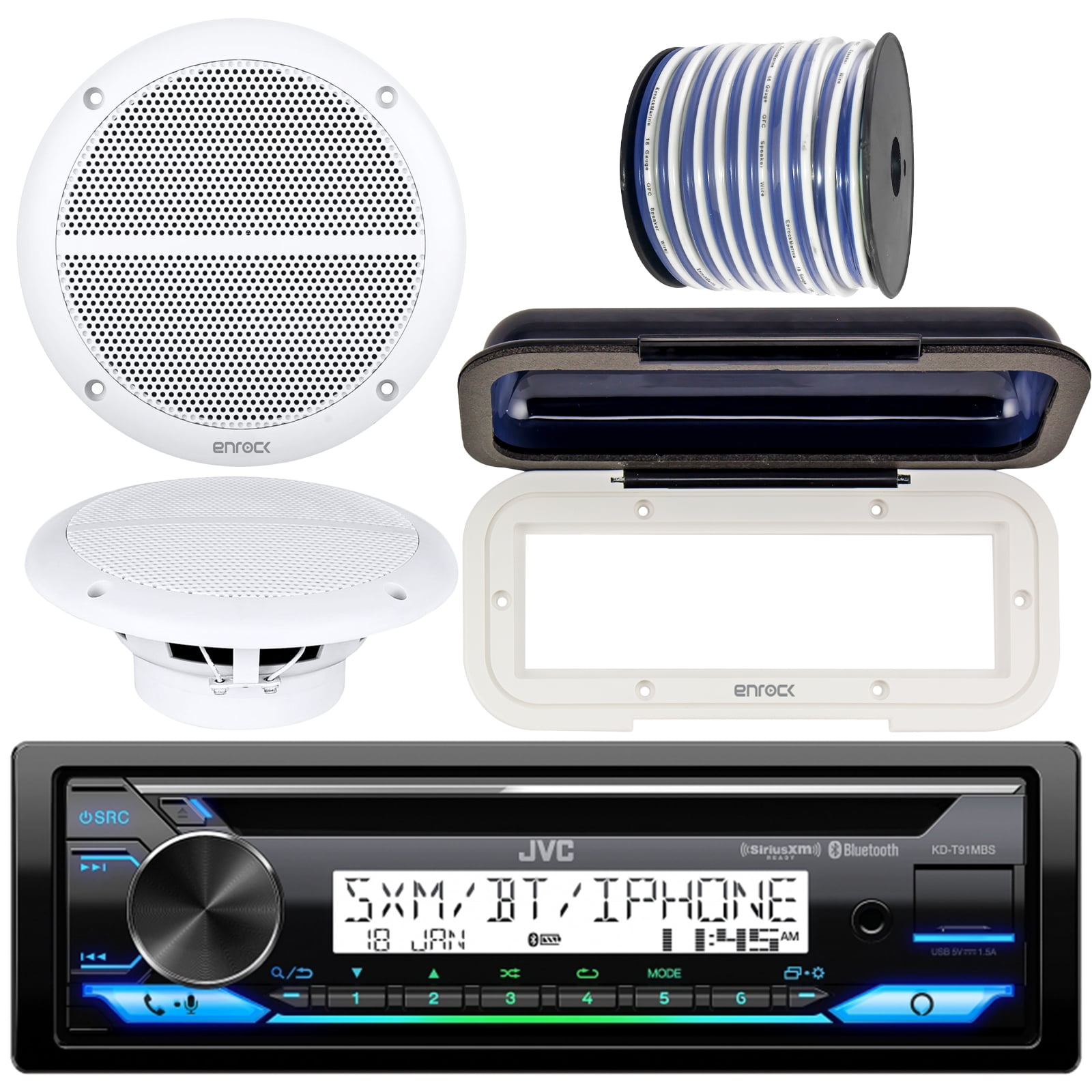 JVC KD-T91MBS In-Dash Marine Boat Bluetooth Radio USB AUX CD Receiver Bundle Combo With Pair Of ...