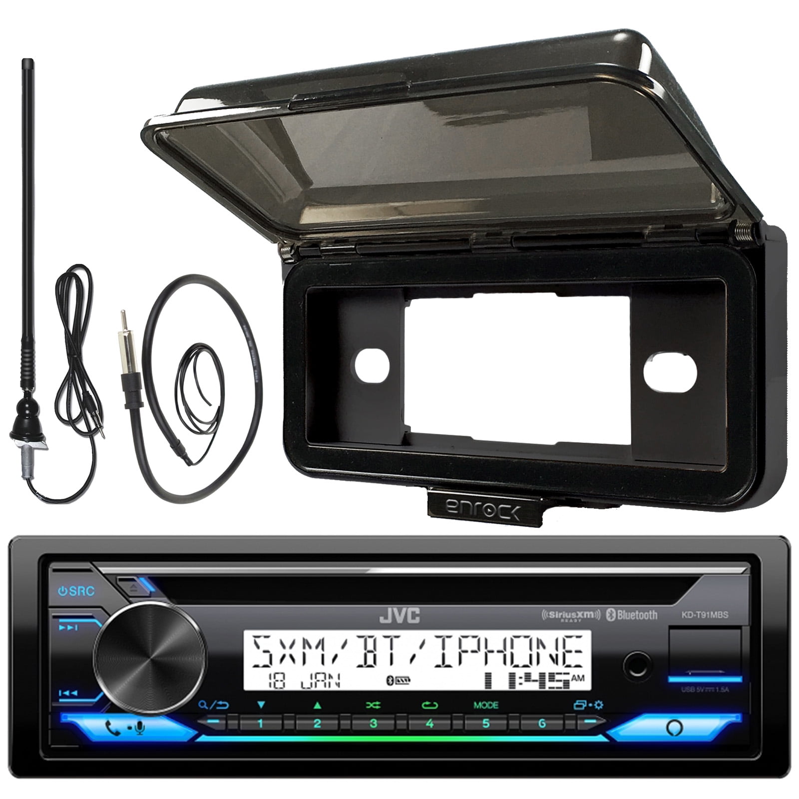 JVC KD-T91MBS In-Dash Marine Boat Bluetooth Radio USB CD Receiver Bundle Combo With Enrock Black ...