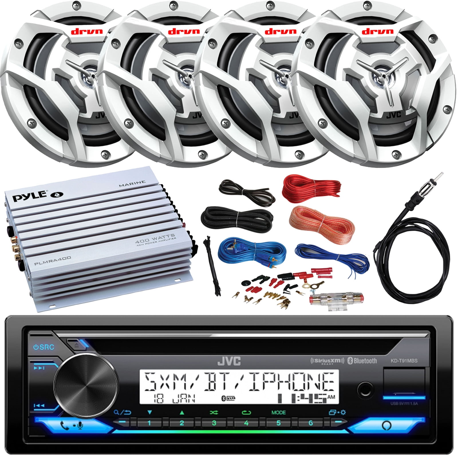 JVC KD-T91MBS Single DIN Marine CD Player USB AUX Receiver Bundle Combo ...