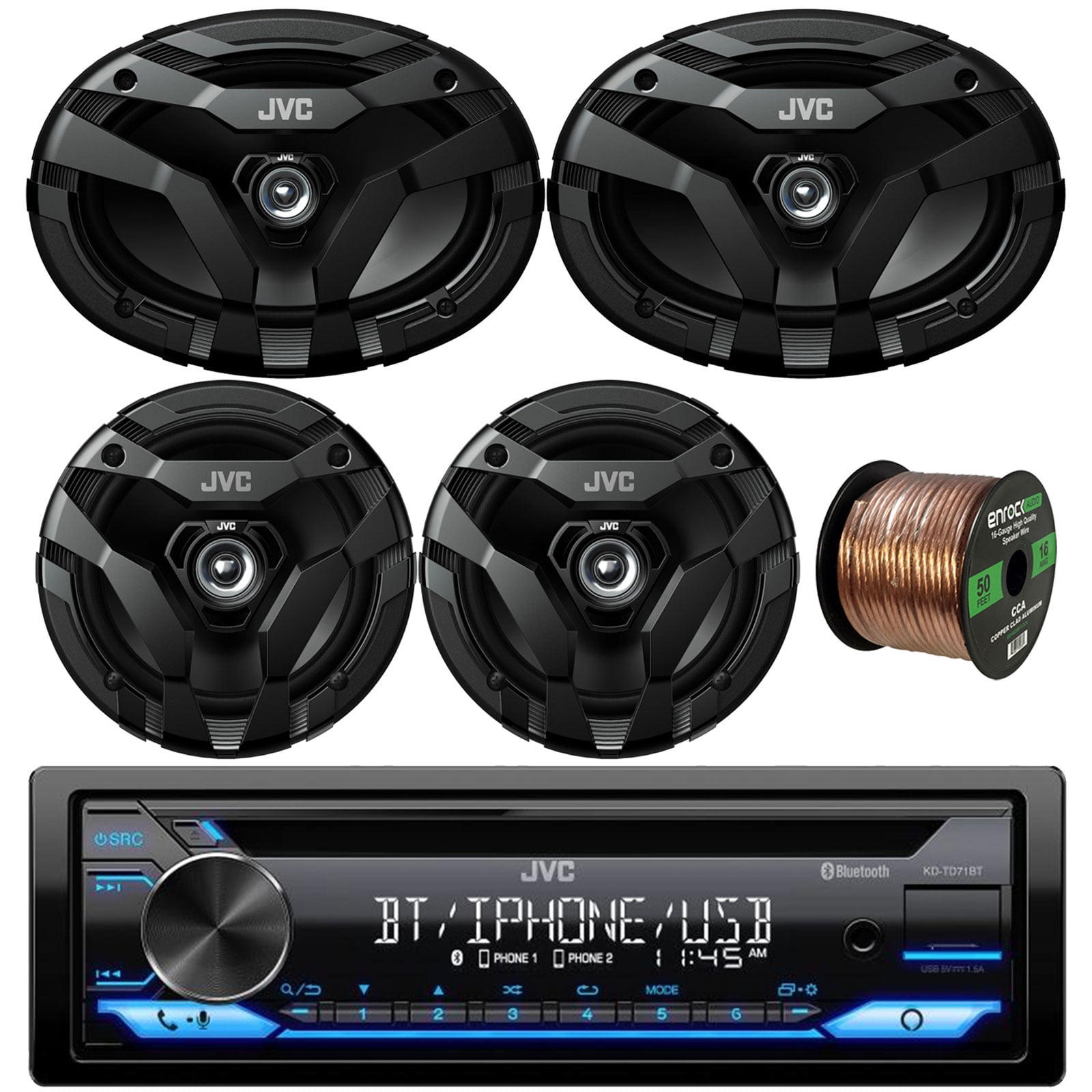 JVC KD-TD71BT Single DIN AM/FM Radio USB AUX Bluetooth CD Player Receiver Bundle Combo with 2x 6 ...