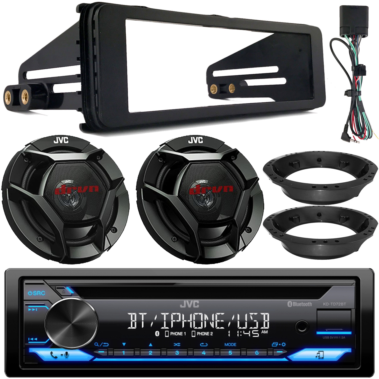 JVC KD-TD72BT Single DIN Bluetooth USB AUX AM/FM Radio Stereo CD Player Car Audio Receiver, 2x 6 ...