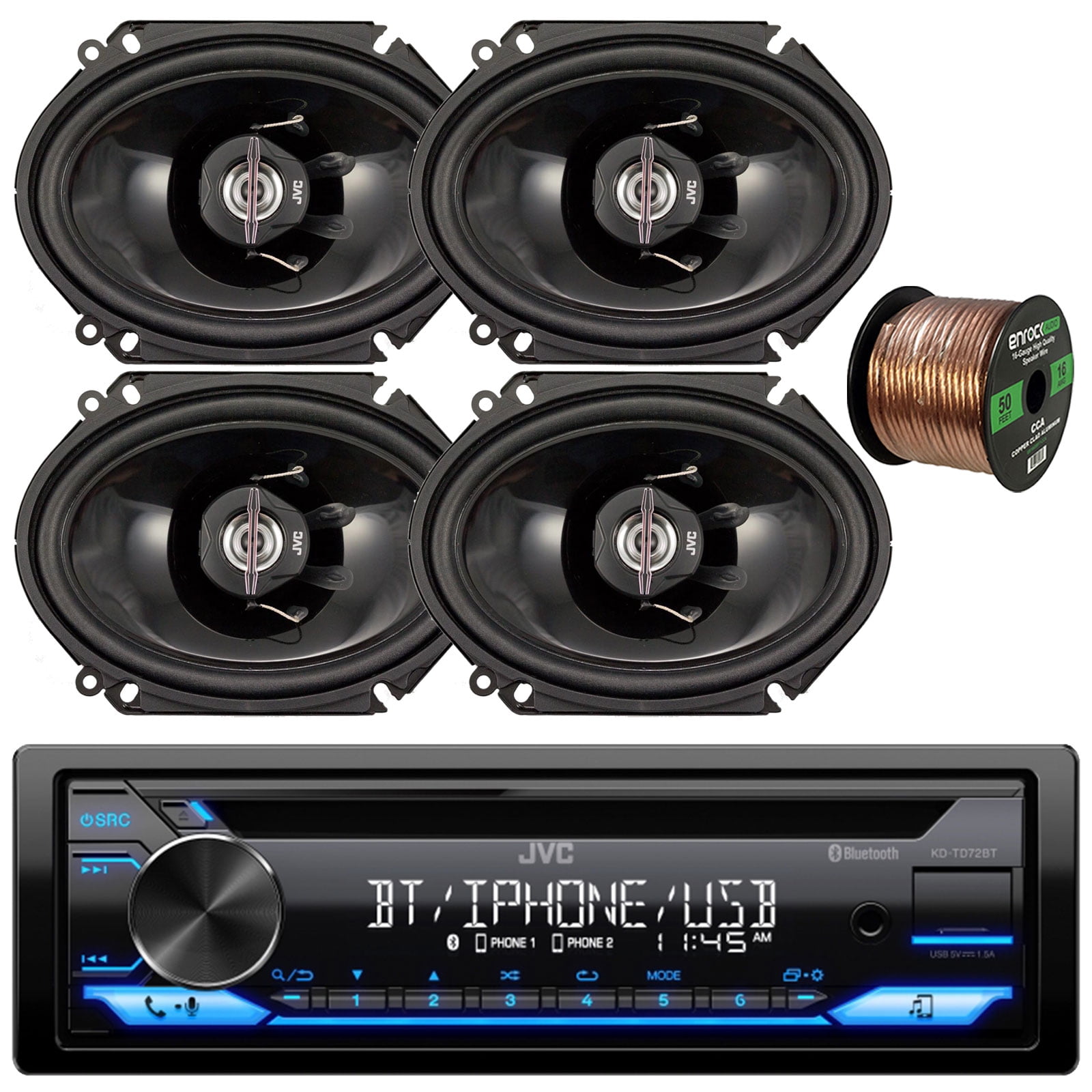 JVC KD-TD72BT Single DIN Bluetooth USB AUX AM/FM Radio CD Player Car Audio Receiver Bundle Combo ...