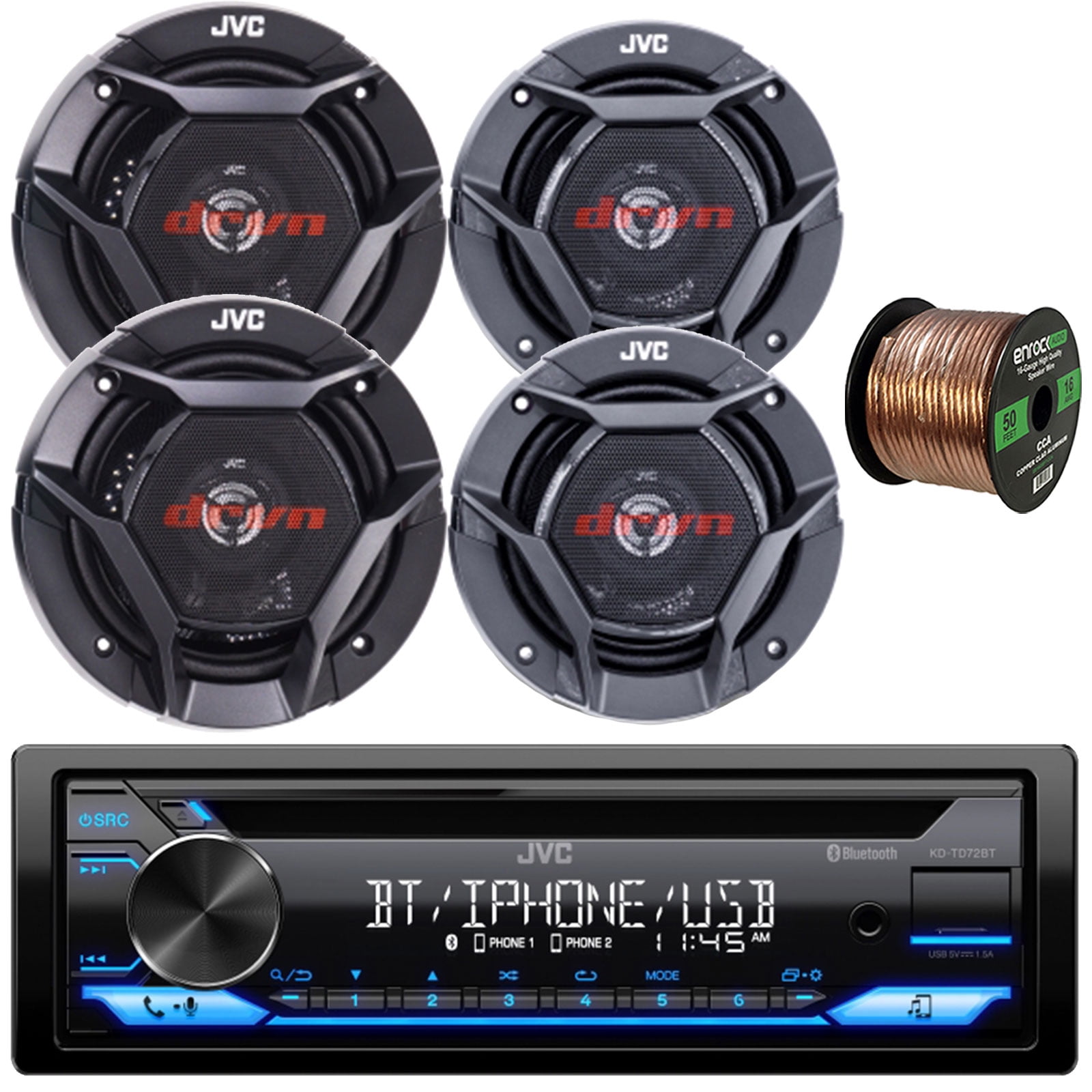 JVC KD-TD72BT Single DIN Bluetooth USB AUX AM/FM Radio CD Player Receiver Bundle with 2x 5.25" 2 ...