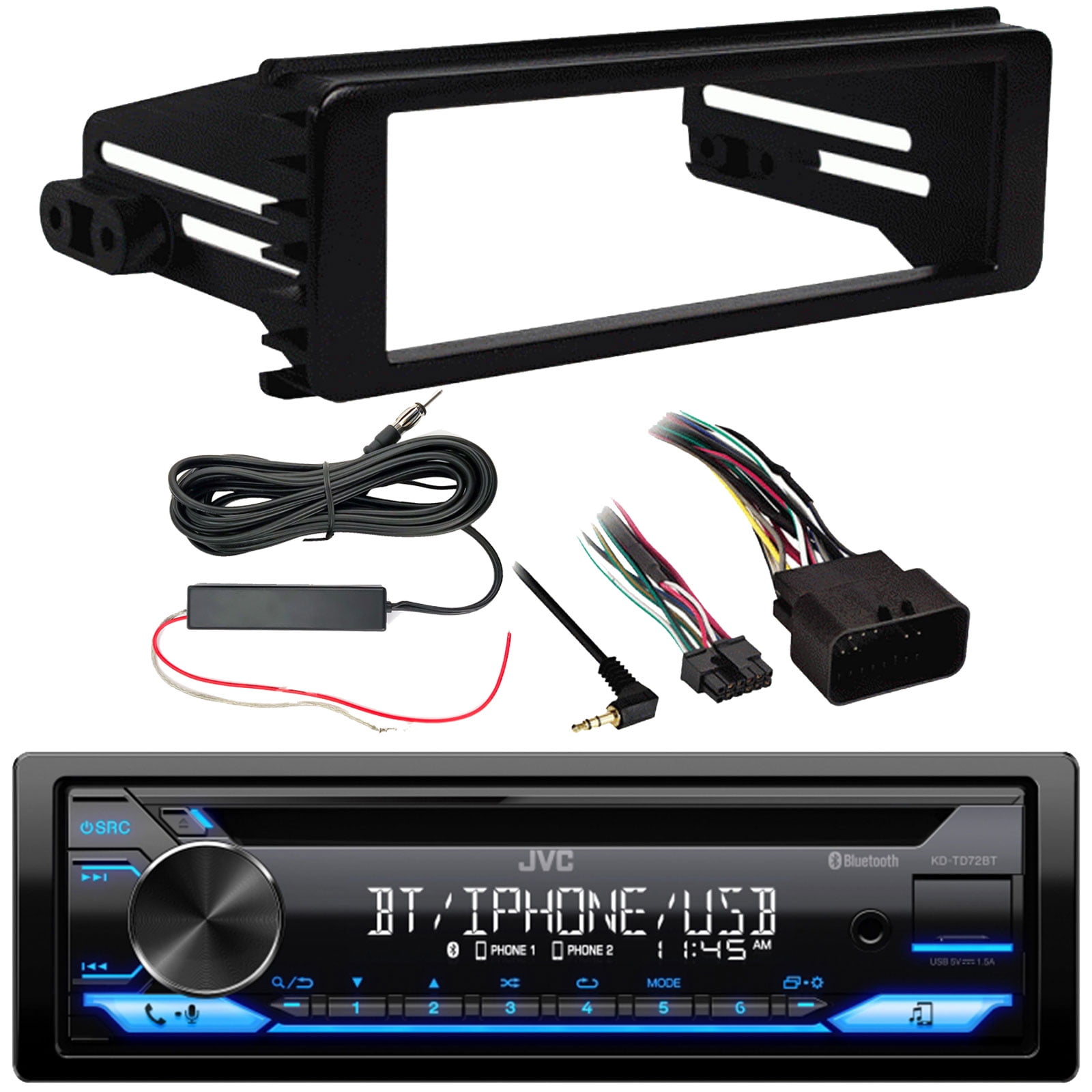 JVC KD-TD72BT Single DIN Bluetooth CD Player with Install Kit, Amplifier for 1998-2013 Harley ...