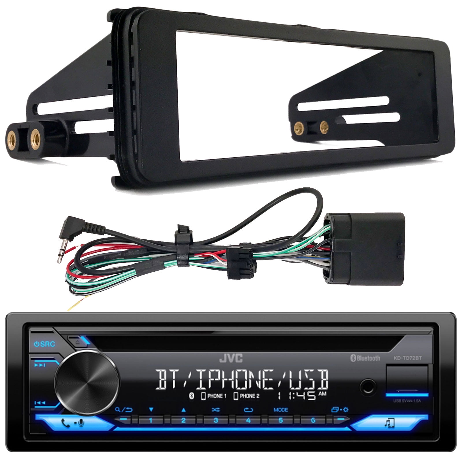 JVC KD-TD72BT Car System: Bluetooth, USB, AUX, AM/FM, CD Player with Kit for Harley Davidson ...