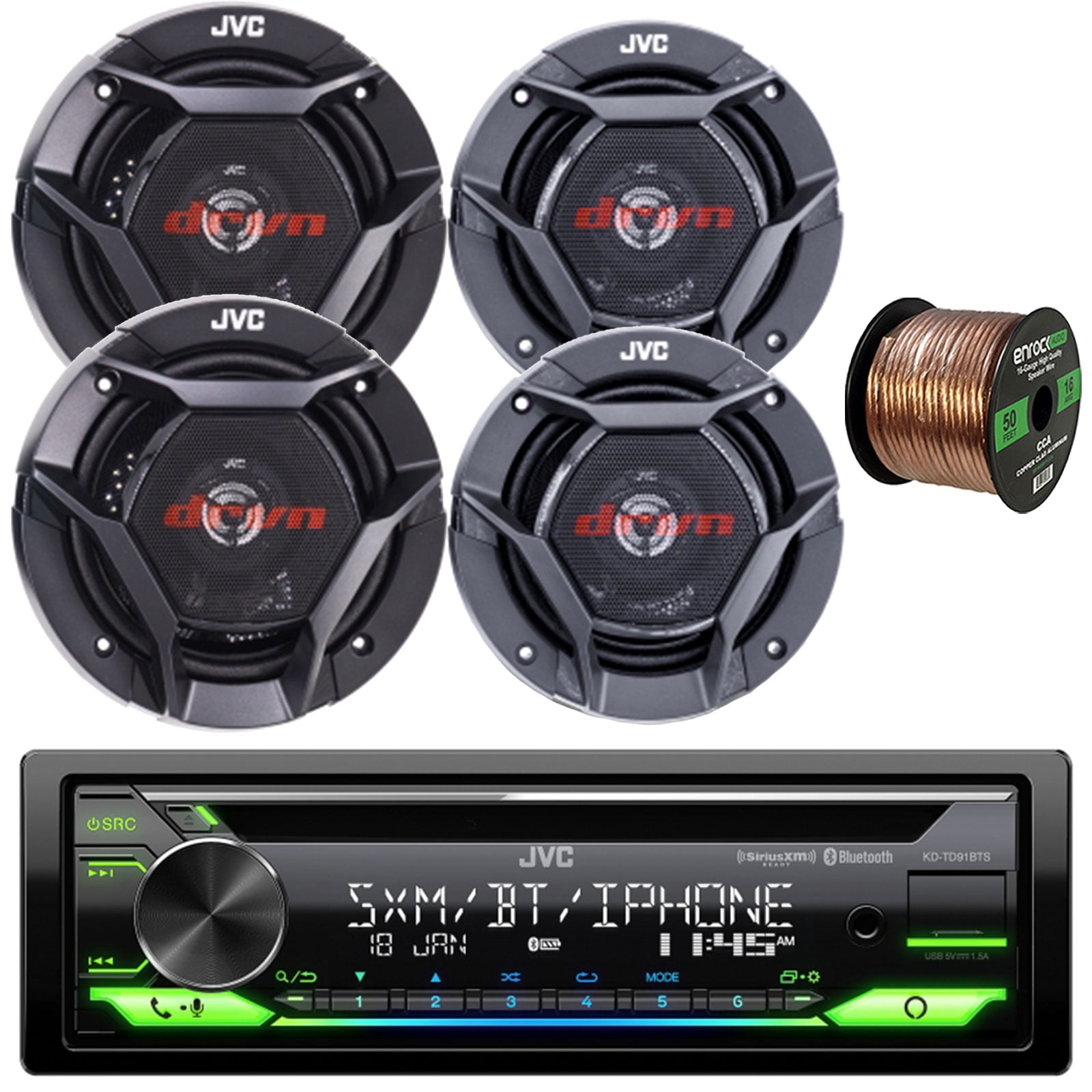 JVC KD-TD91BTS Single DIN CD Player Bluetooth USB AUX AM/FM Radio Receiver Bundle with 2x 5.25 ...