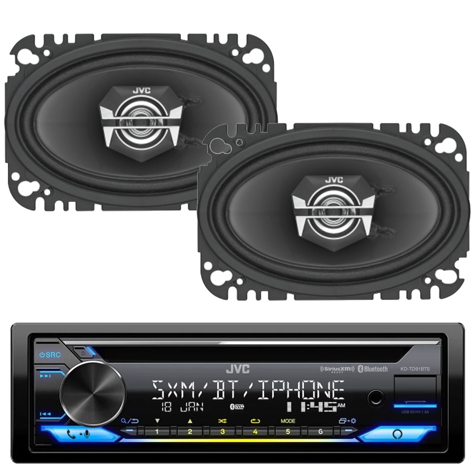 JVC KD-TD91BTS Single DIN CD Player Bluetooth USB AUX AM/FM Radio Receiver Bundle Combo with 2x ...