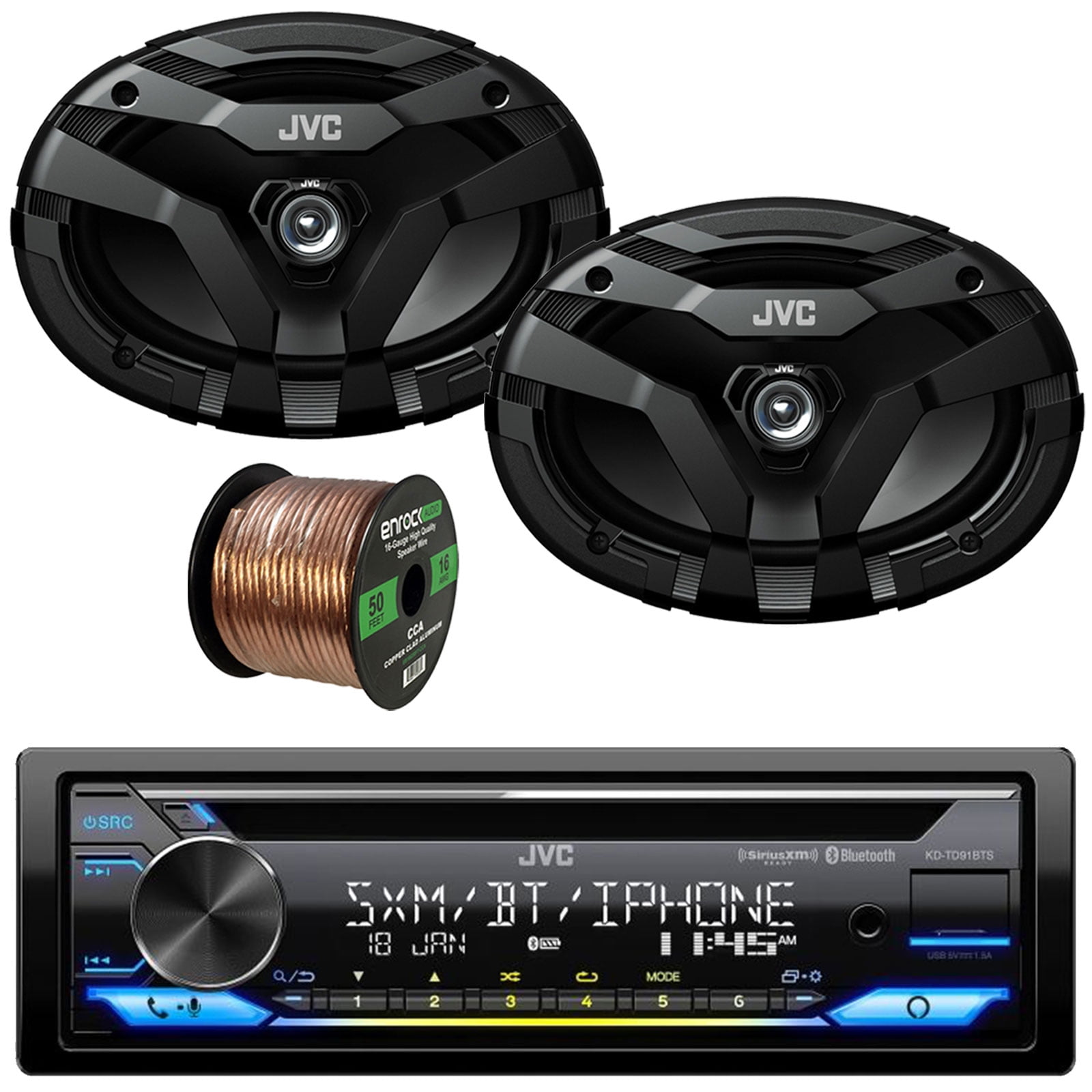 JVC KD-TD91BTS Single DIN CD Player Bluetooth USB AUX AM/FM Radio Receiver Bundle Combo with 2x ...