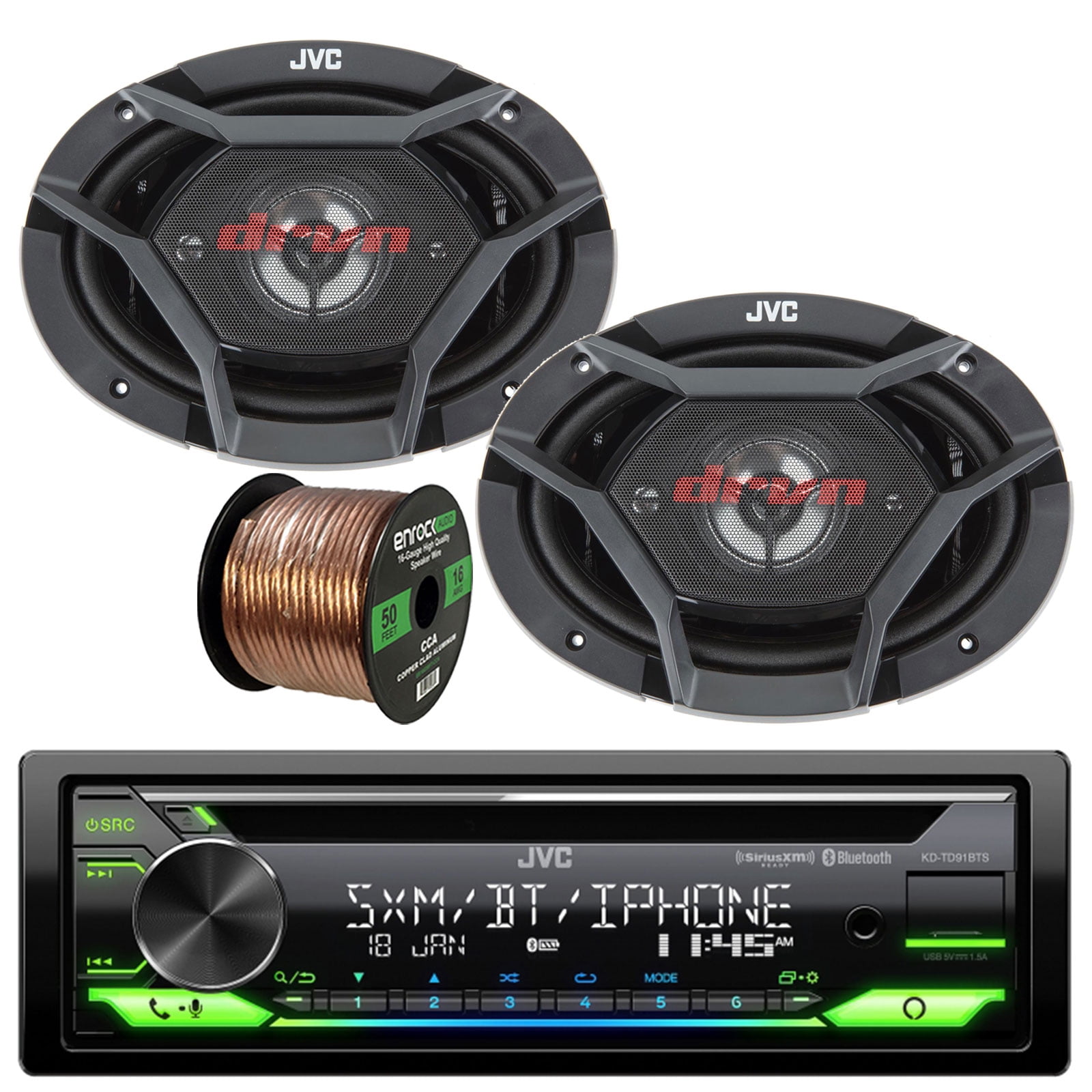 JVC KD-TD91BTS Single DIN CD Player Bluetooth USB AUX AM/FM Radio Receiver Bundle Combo with 2x ...