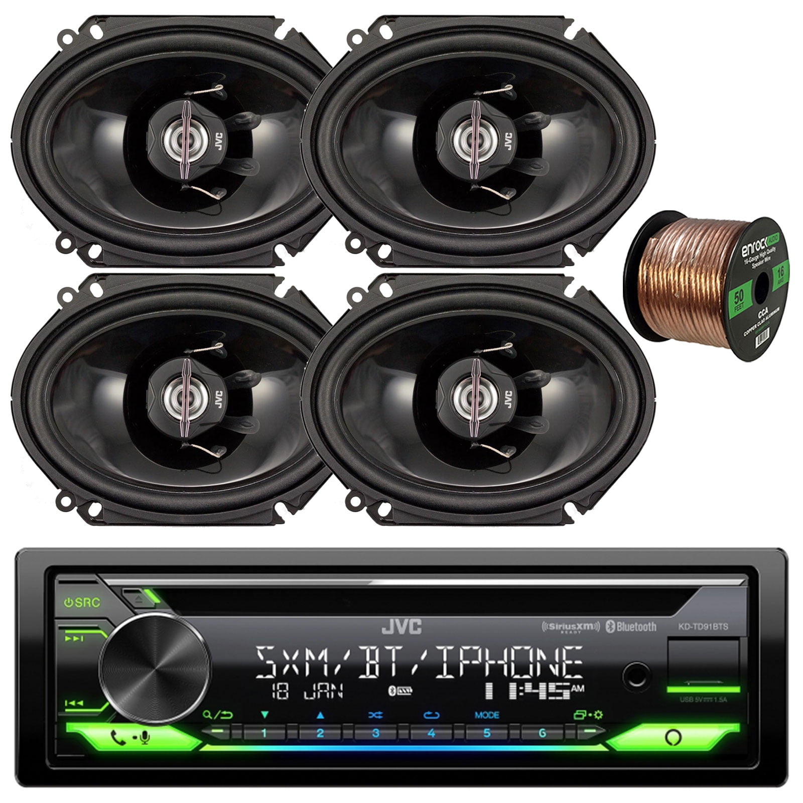 JVC KD-TD91BTS Single DIN CD Player Bluetooth USB AUX AM/FM Radio Receiver Bundle Combo with 4x ...