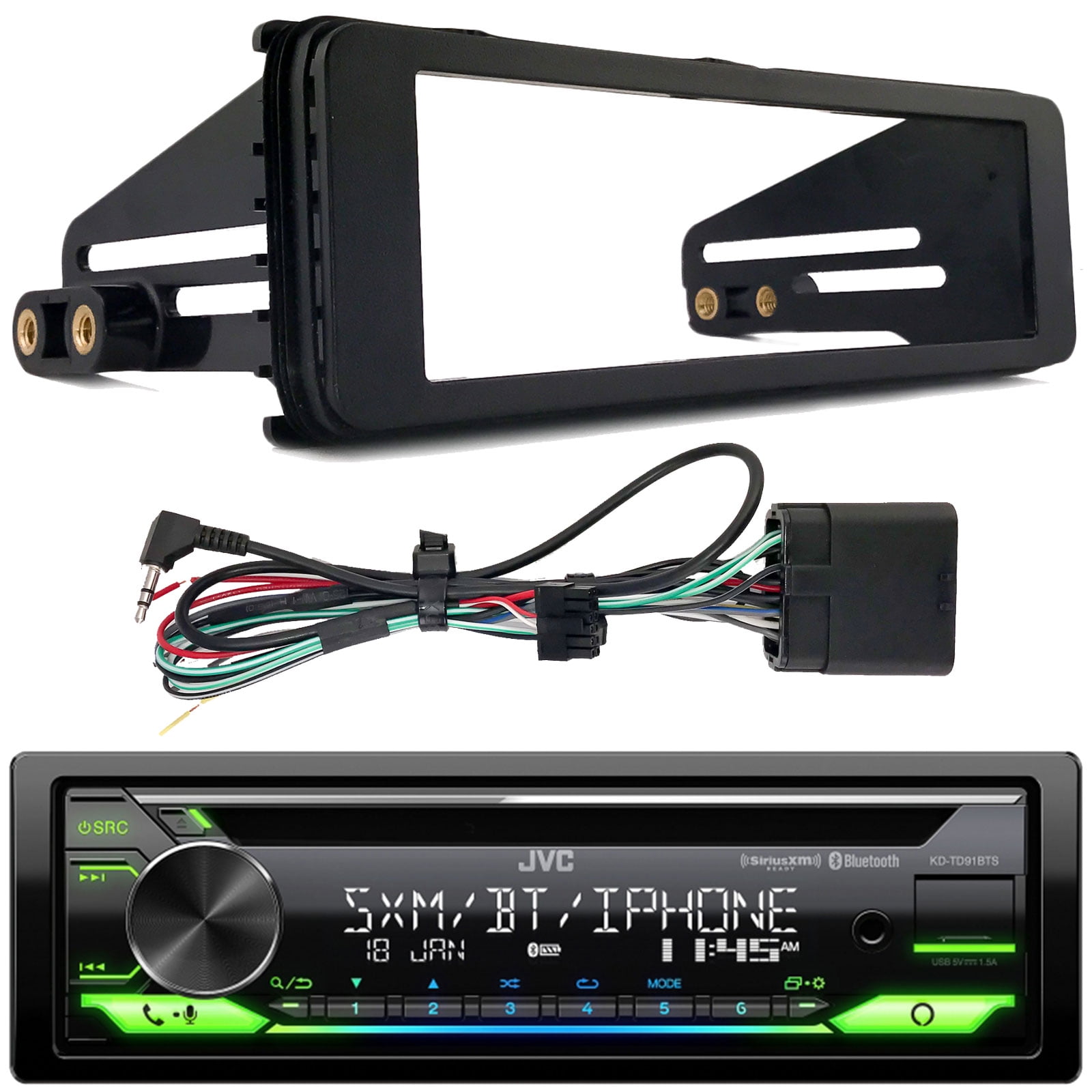 JVC KD-TD91BTS Single DIN In-Dash CD Player Bluetooth USB AUX AM/FM Radio Receiver Bundle Combo ...