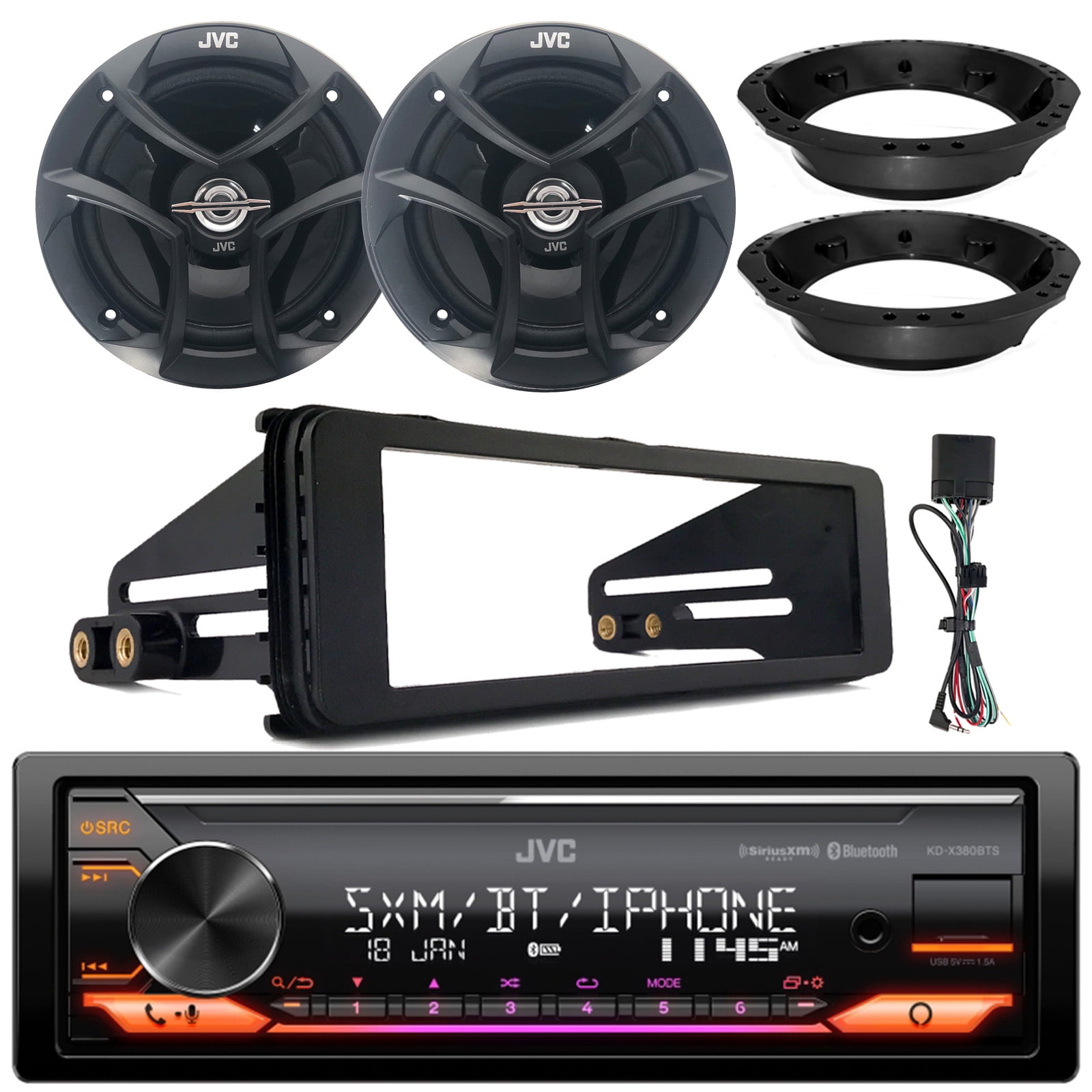 JVC KD-X380BTS Single DIN Bluetooth USB AUX AM/FM Stereo LED SiriusXM Car Audio Receiver, JVC CS ...