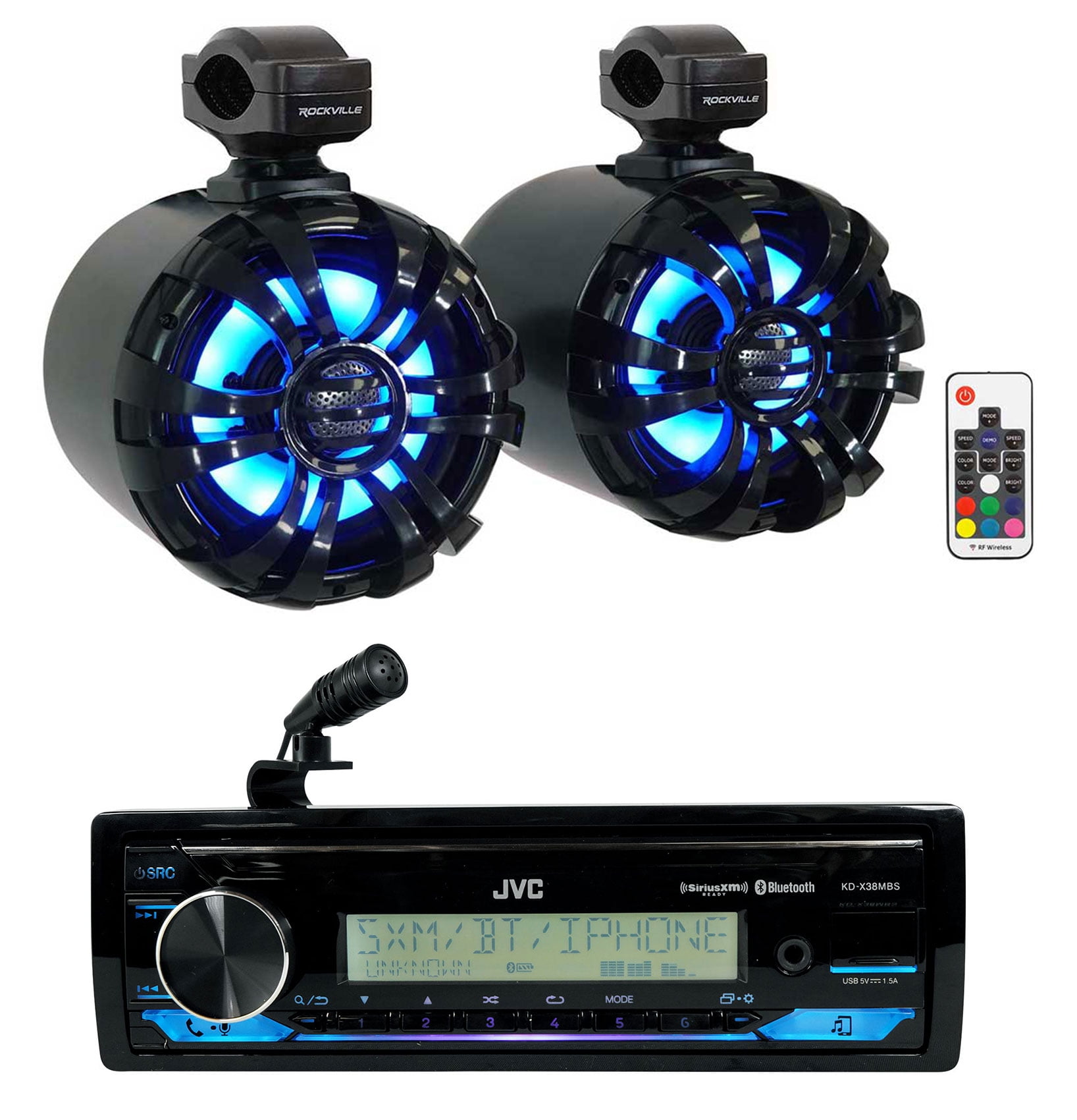 JVC KD-X38MBS Marine Bluetooth Stereo Receiver+(2) 6.5" Black LED Tower ...