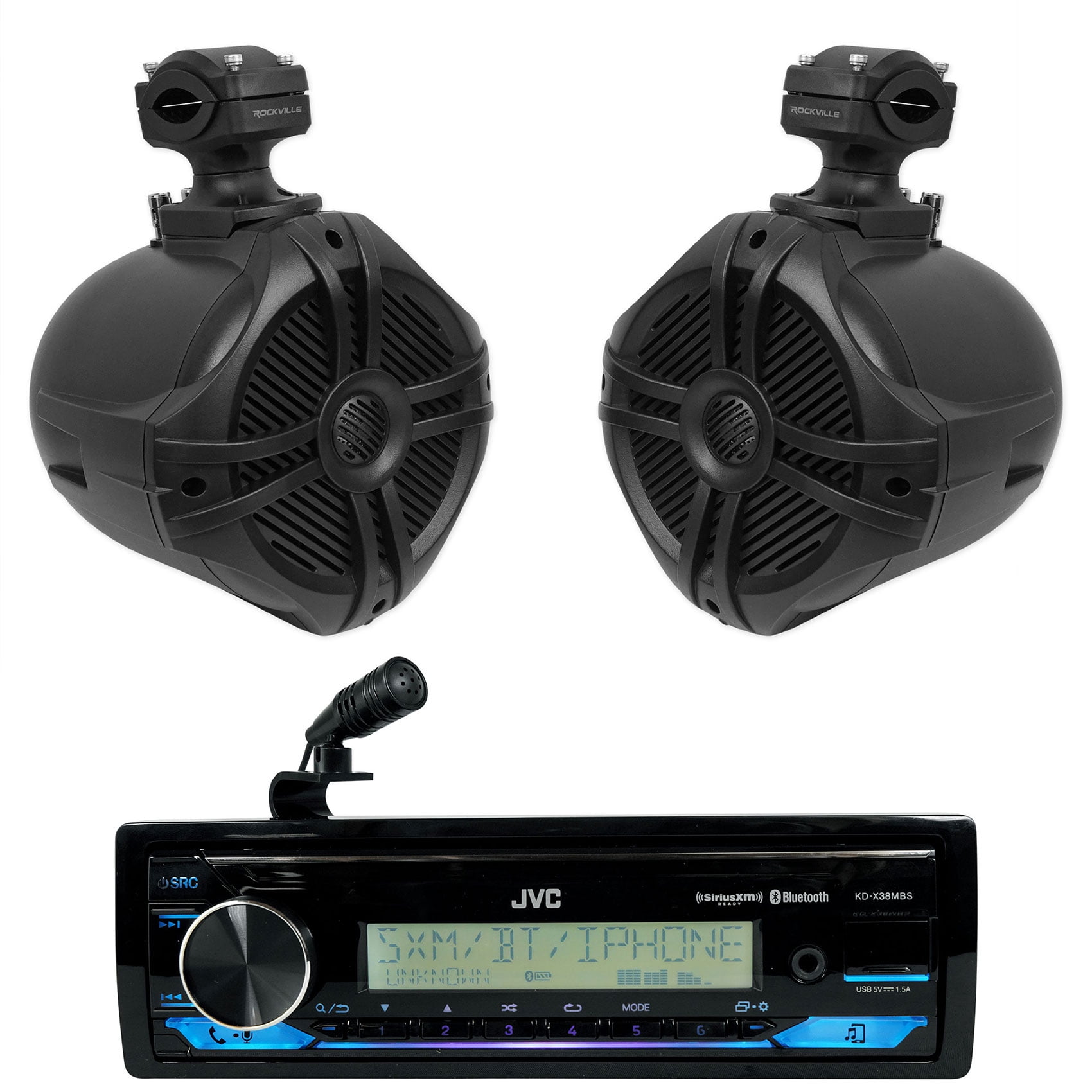 JVC KD-X38MBS Marine Stereo Receiver w/Bluetooth+(2) 6.5" Black Tower ...