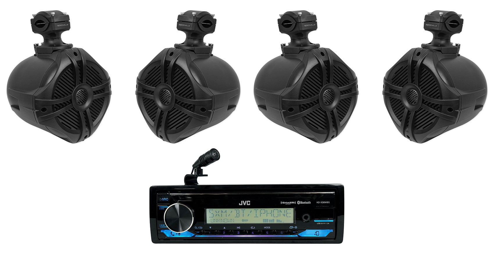 JVC KD-X38MBS Marine Stereo Receiver w/Bluetooth+(4) 6.5" Black Tower ...