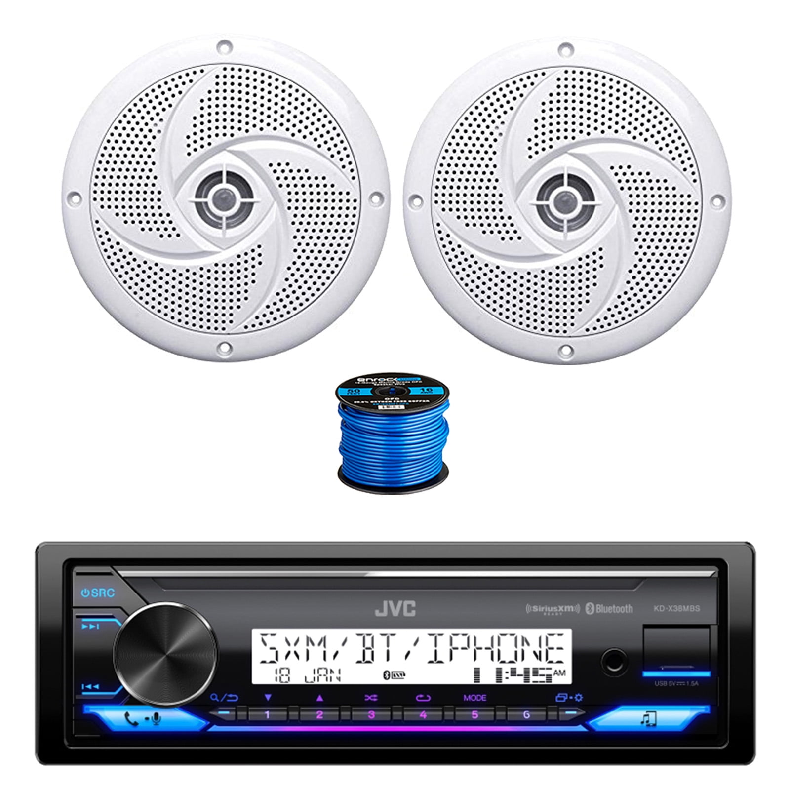 JVC KD-X38MBS Single DIN Marine Bluetooth AM/FM Stereo Receiver, 2x 5.25" 180 Watt 2-Way Slim ...