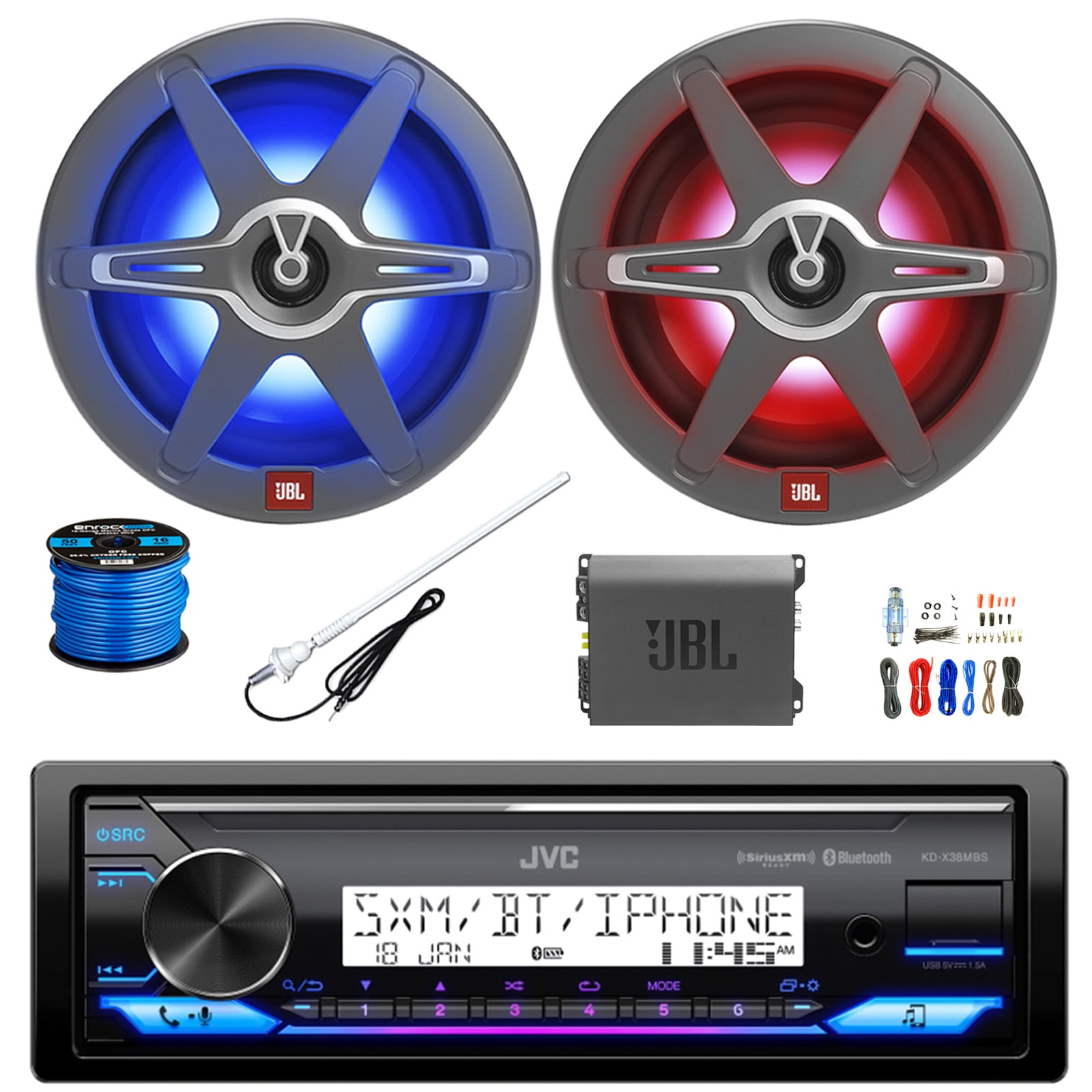 JVC KD-X38MBS Single DIN Marine Bluetooth AM/FM Stereo Receiver, 2x 8 ...