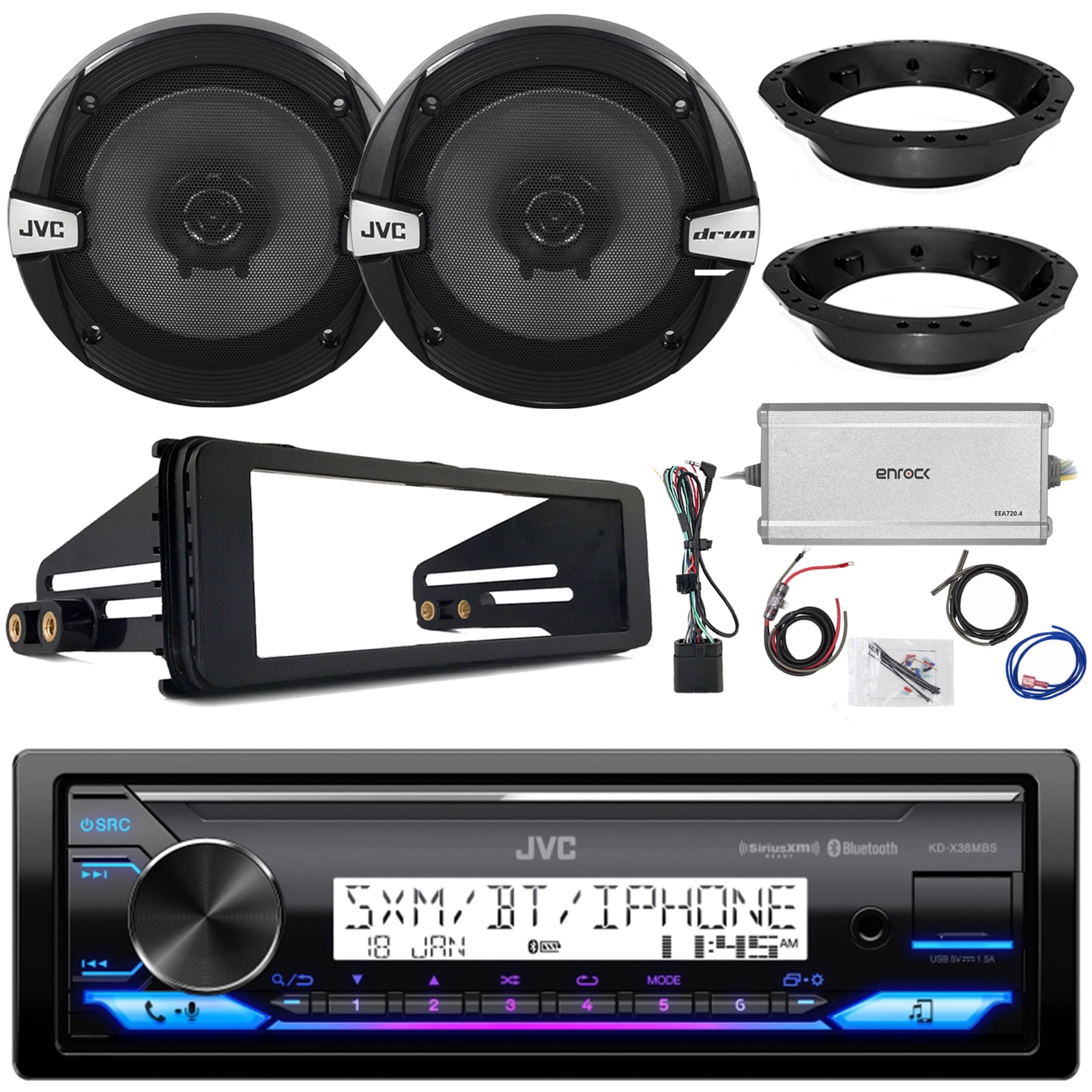 JVC KD-X38MBS Single DIN Marine Bluetooth USB AUX LED AM/FM Stereo Receiver, JVC CS-DR162 6.5 ...