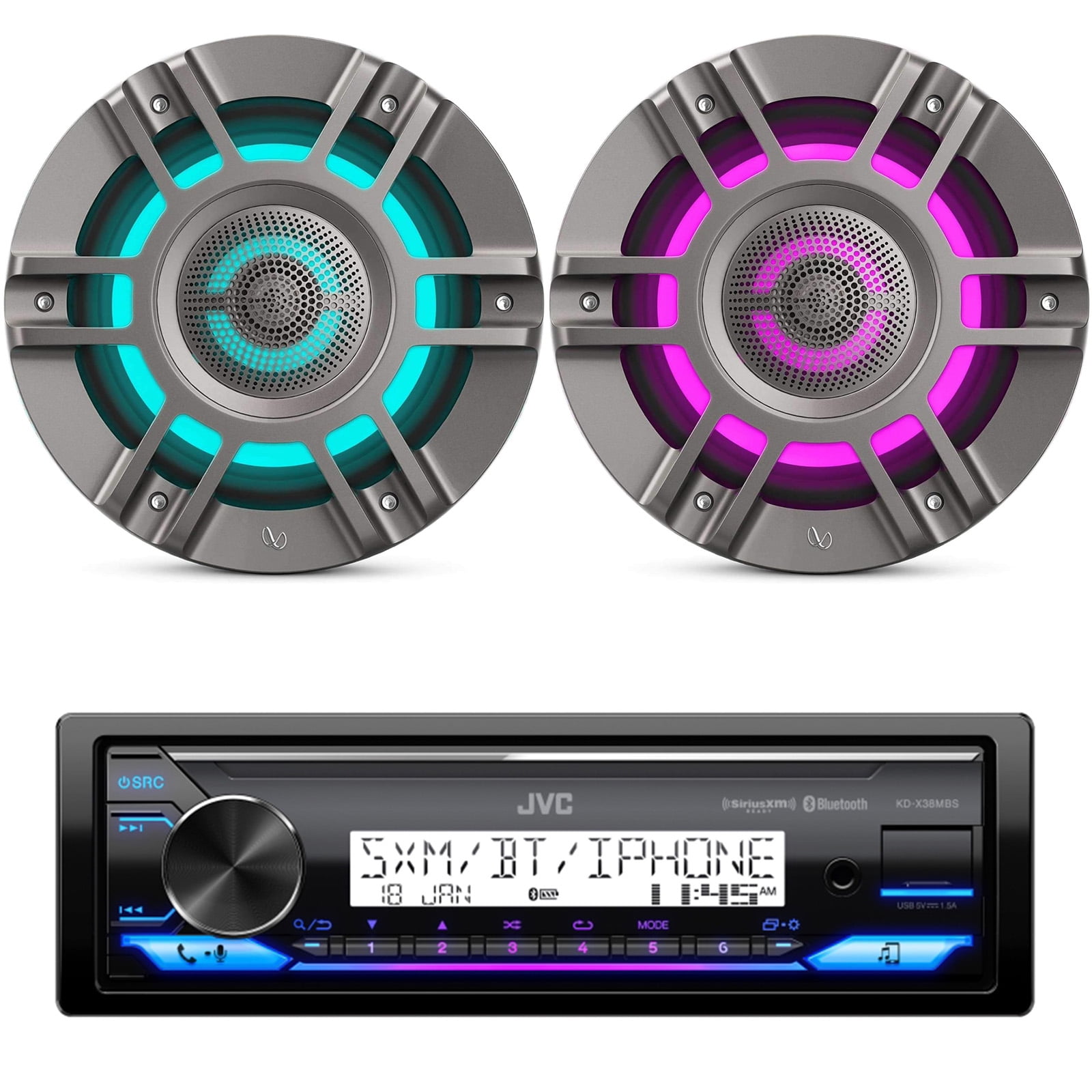 JVC KD-X38MBS Single DIN Marine MotorSports Bluetooth USB AUX LED AM/FM Radio Stereo Receiver ...