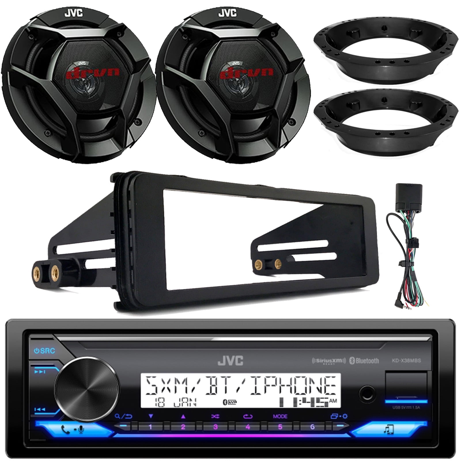 JVC KD-X38MBS Single DIN Marine MotorSports Bluetooth USB AUX LED AM/FM ...