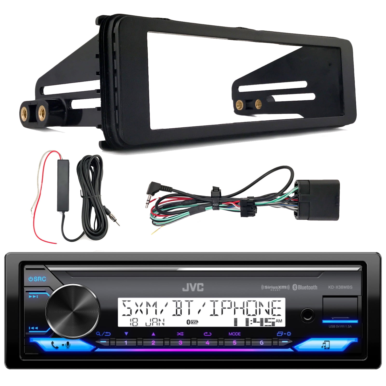 JVC KD-X38MBS Marine Bluetooth USB AUX AM/FM Receiver, Enrock Harley Install Kit, Antenna ...