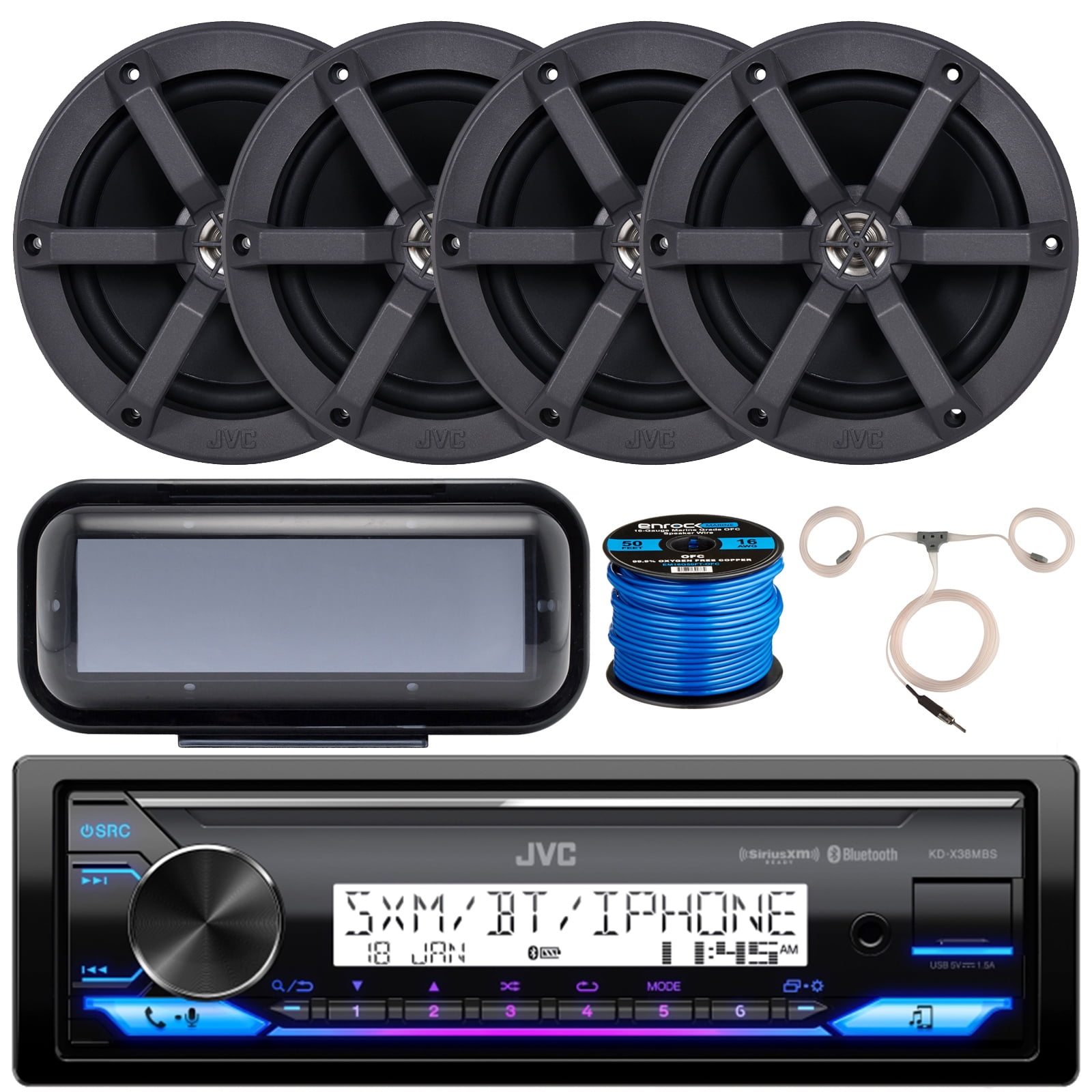 JVC KD-X38MBS Single DIN Marine MotorSports Bluetooth USB AUX LED Illumination AM/FM Radio ...