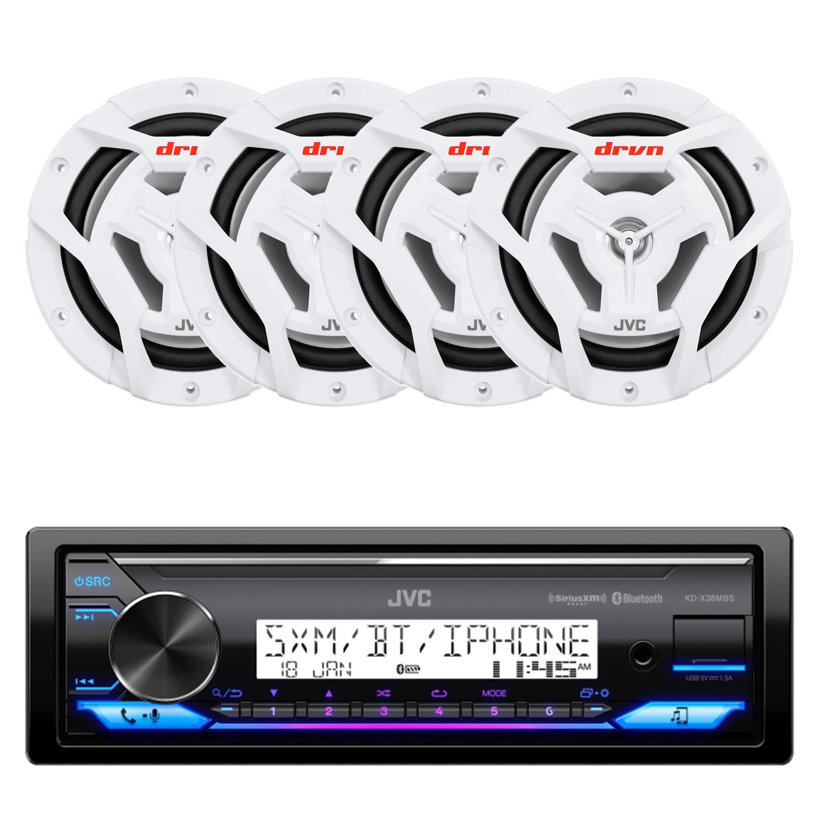 JVC KD-X38MBS Single DIN Marine MotorSports USB Bluetooth AM/FM Stereo Receiver with 4x 6.5" 150 ...