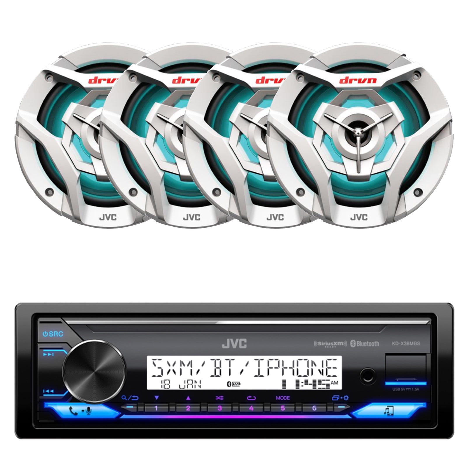 JVC KD-X38MBS Single DIN Marine MotorSports USB Bluetooth AM/FM Stereo Receiver with 4x JVC CS ...