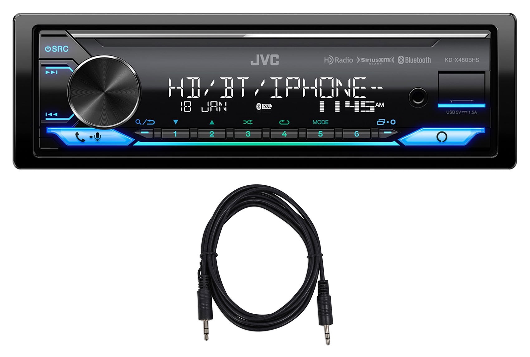 JVC KD X480BHS 1 Din Car Stereo Bluetooth USB XM Ready Alexa HD Radio AUX Cable