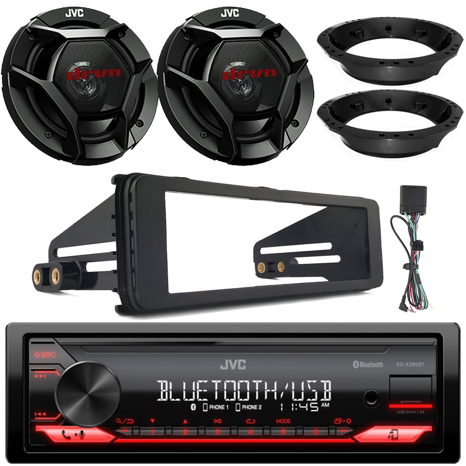 JVC KD-XD28BT Single DIN AM/FM Radio Stereo USB AUX Bluetooth Digital Media Receiver, 2x Enrock ...