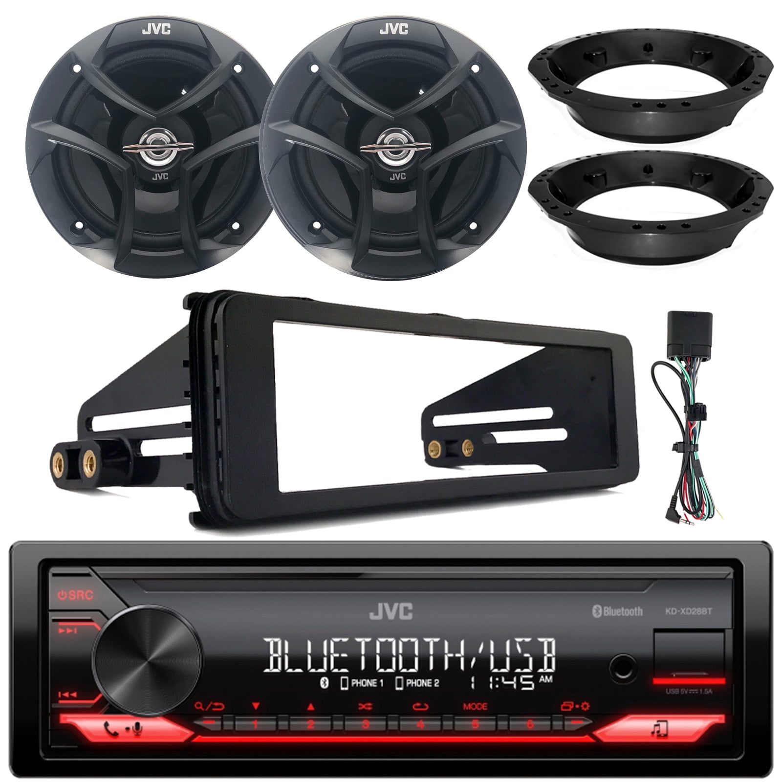 JVC KD-XD28BT Single DIN AM/FM Radio Stereo USB AUX Bluetooth Digital Media Receiver, JVC CS ...