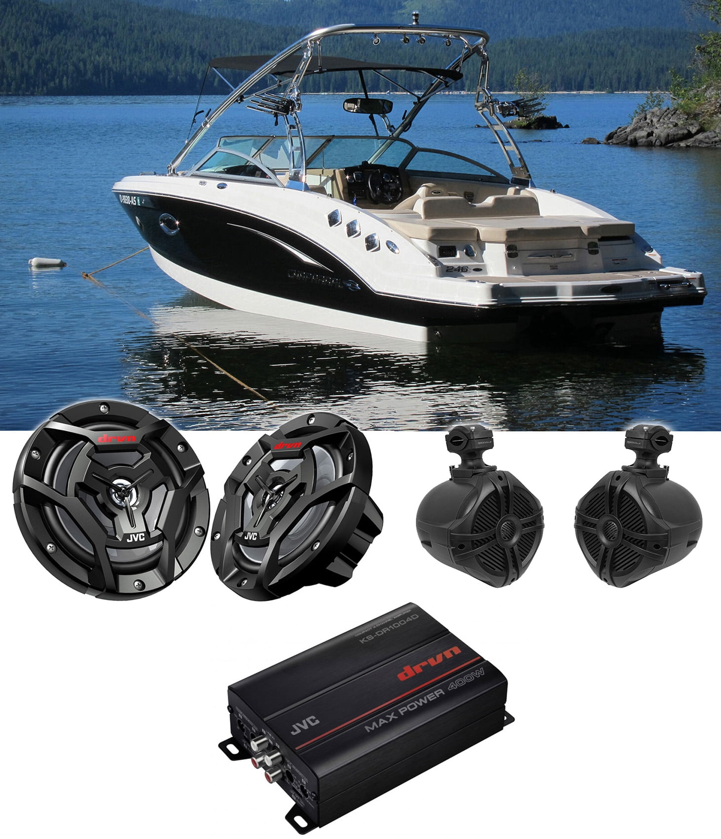 JVC KS-DR1004D 4-Channel Marine Amplifier+6.5" Tower+Coaxial Speakers ...
